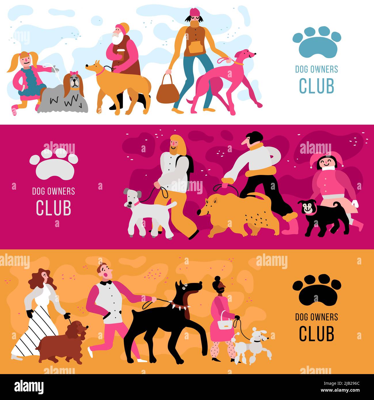 Club of dog owners horizontal banners set with adults and kids ...
