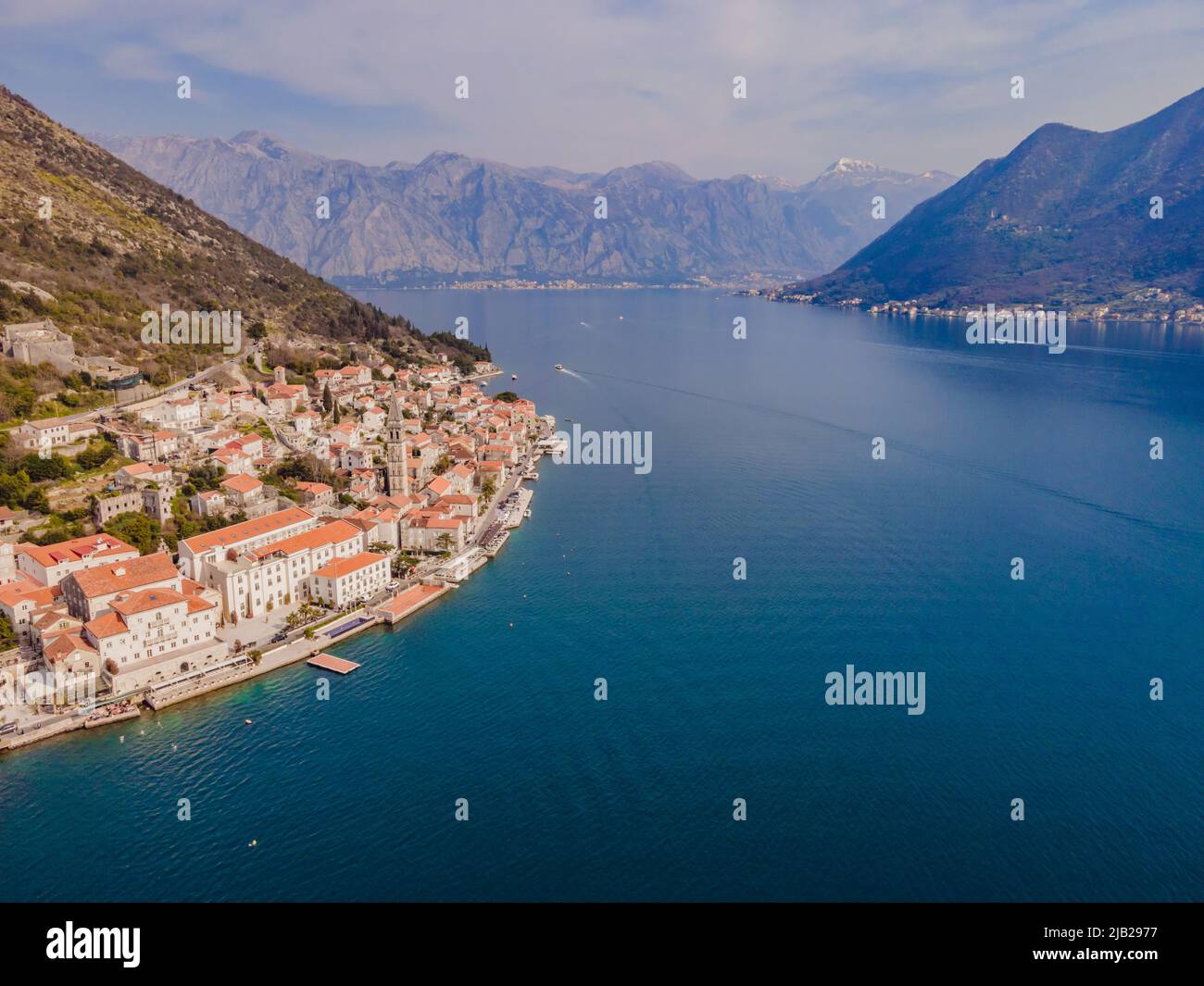 Scenic panorama view of the historic town of Perast at famous Bay of ...