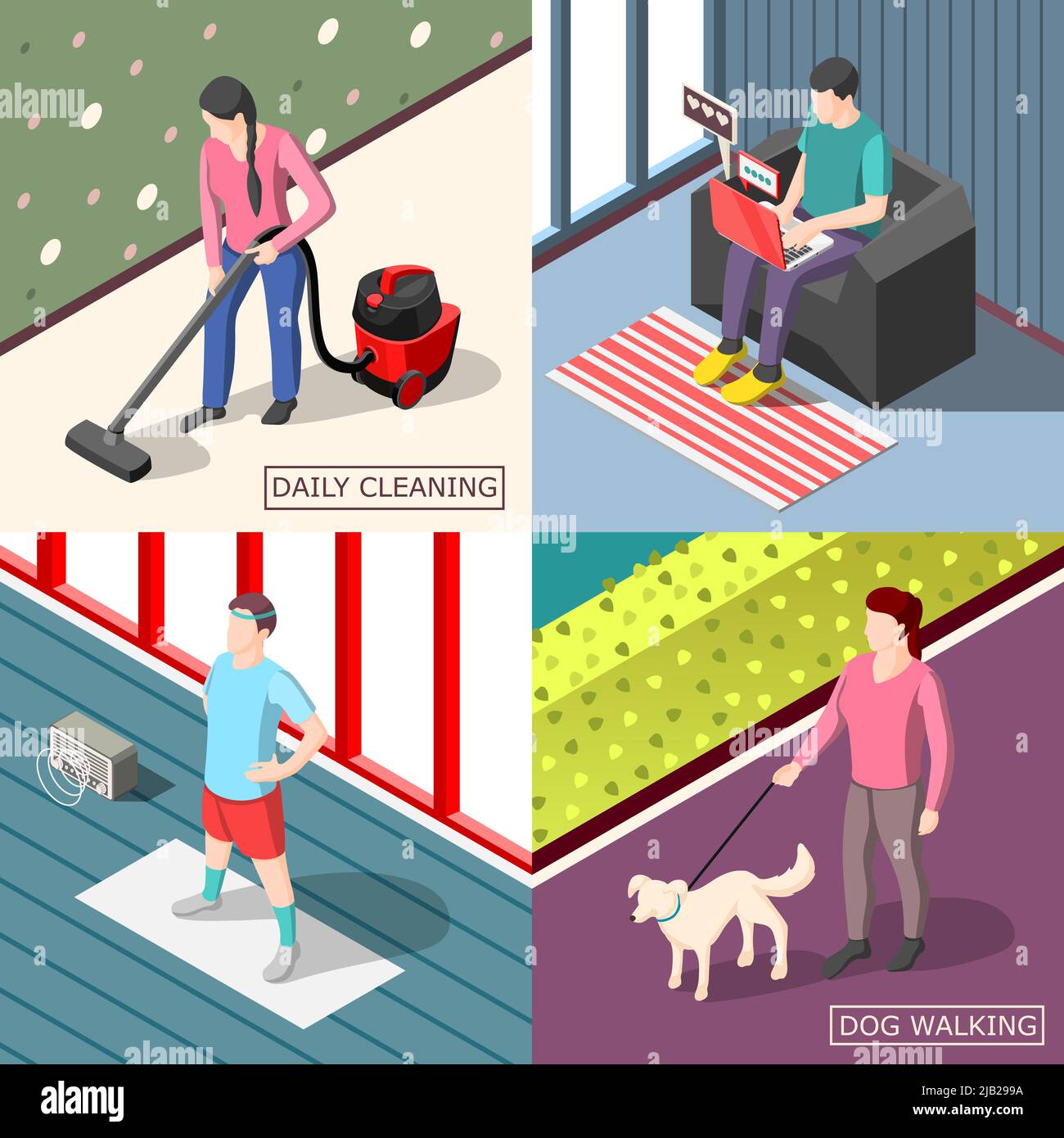 Daily routine 2x2 isometric design concept set of ordinary people walking with dog cleaning ...
