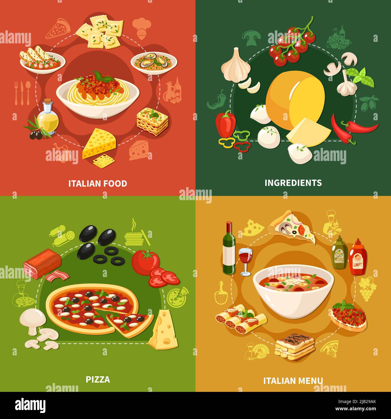 Italian food 2x2 design concept set of square icons for restaurant or ...