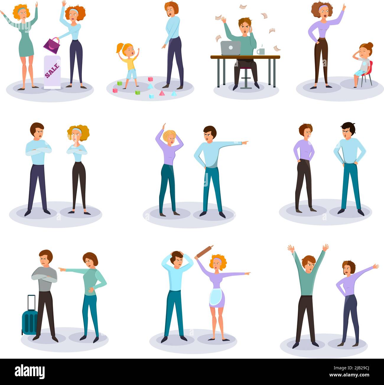 Characters expressing anger cartoon icons collection with fighting ...