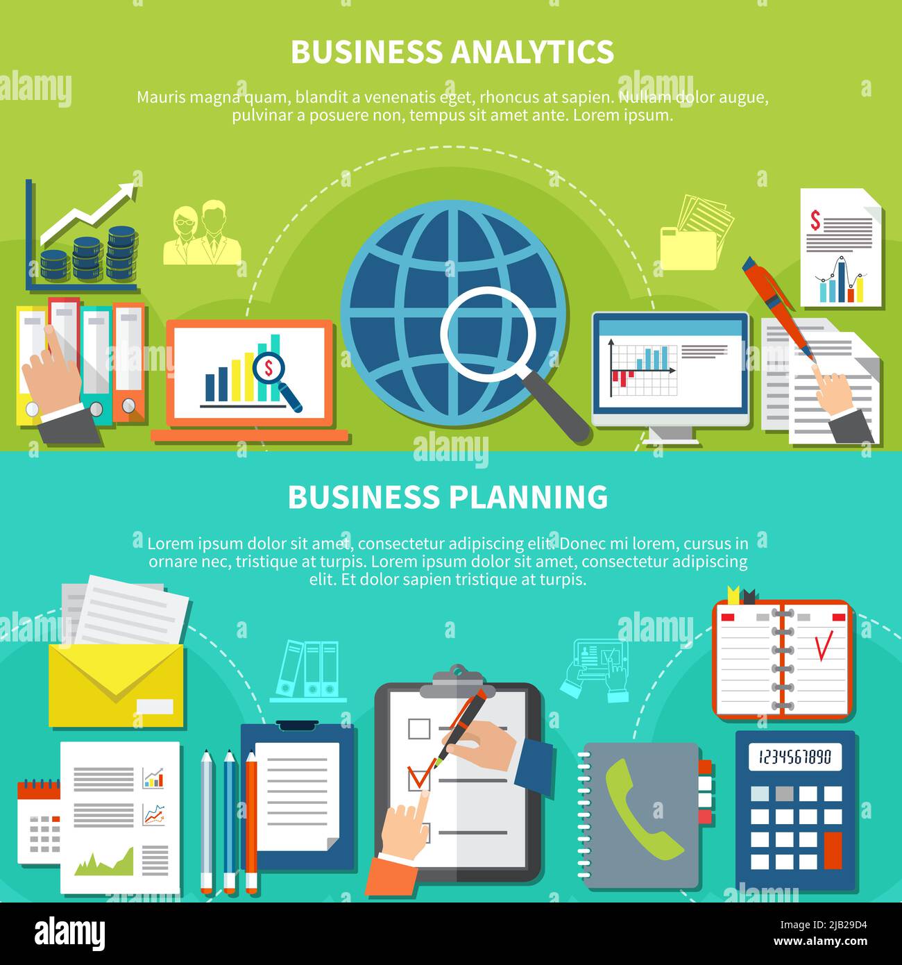 Two horizontal business items banner set with analytic and planning ...