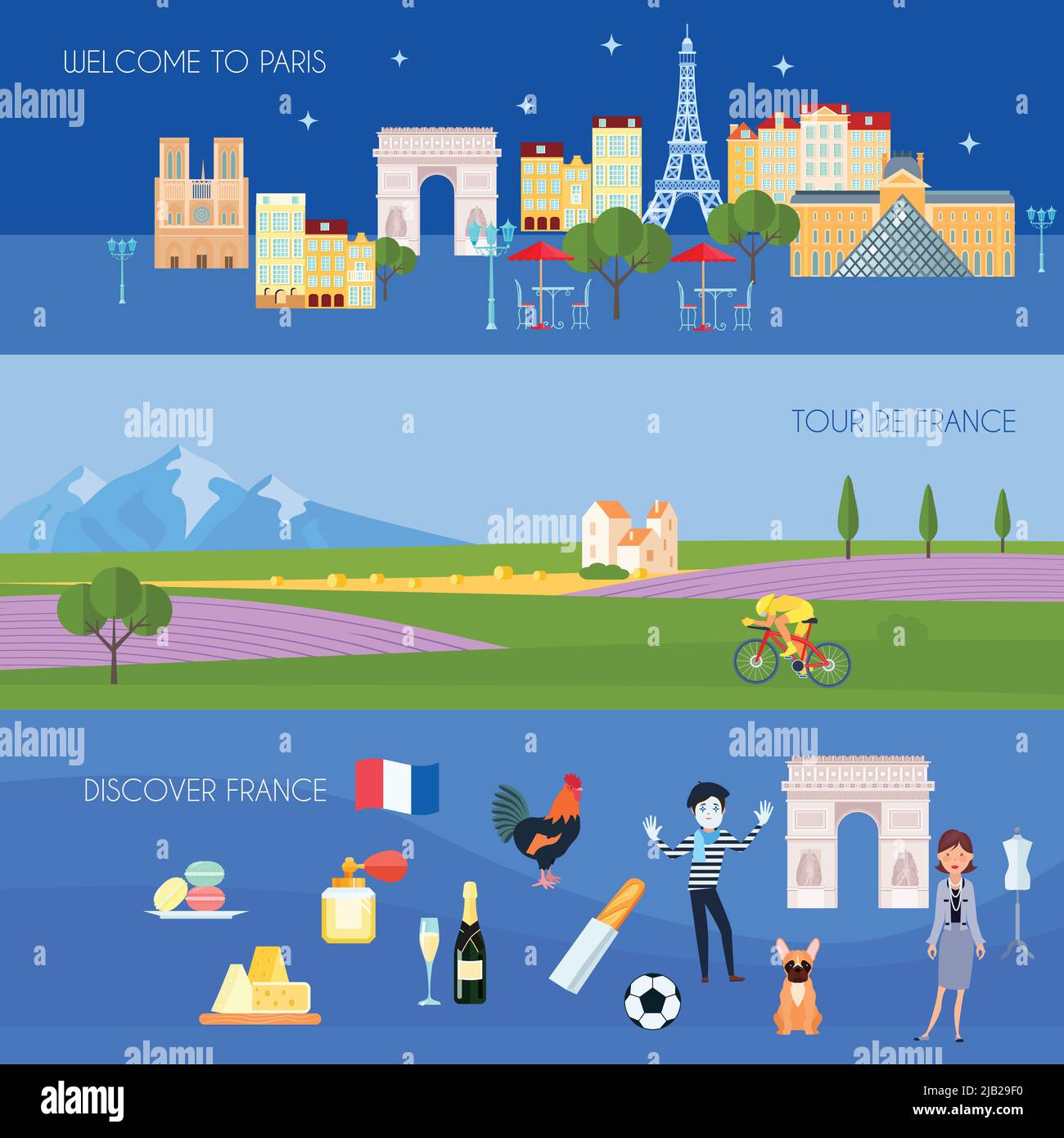 France horizontal banners set with Paris symbols flat isolated vector ...