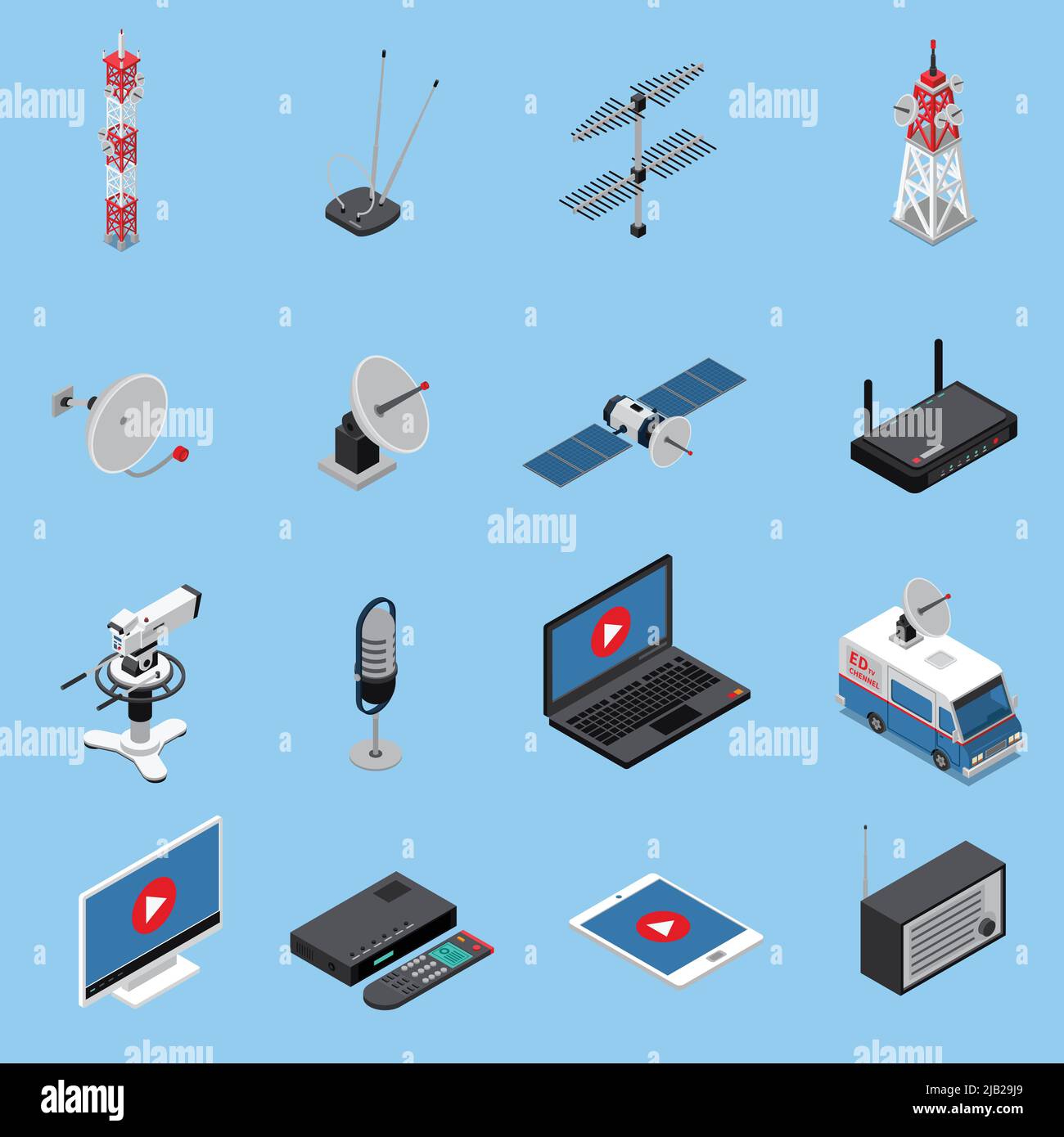 Telecommunication isometric icons set with broadcast equipment and ...
