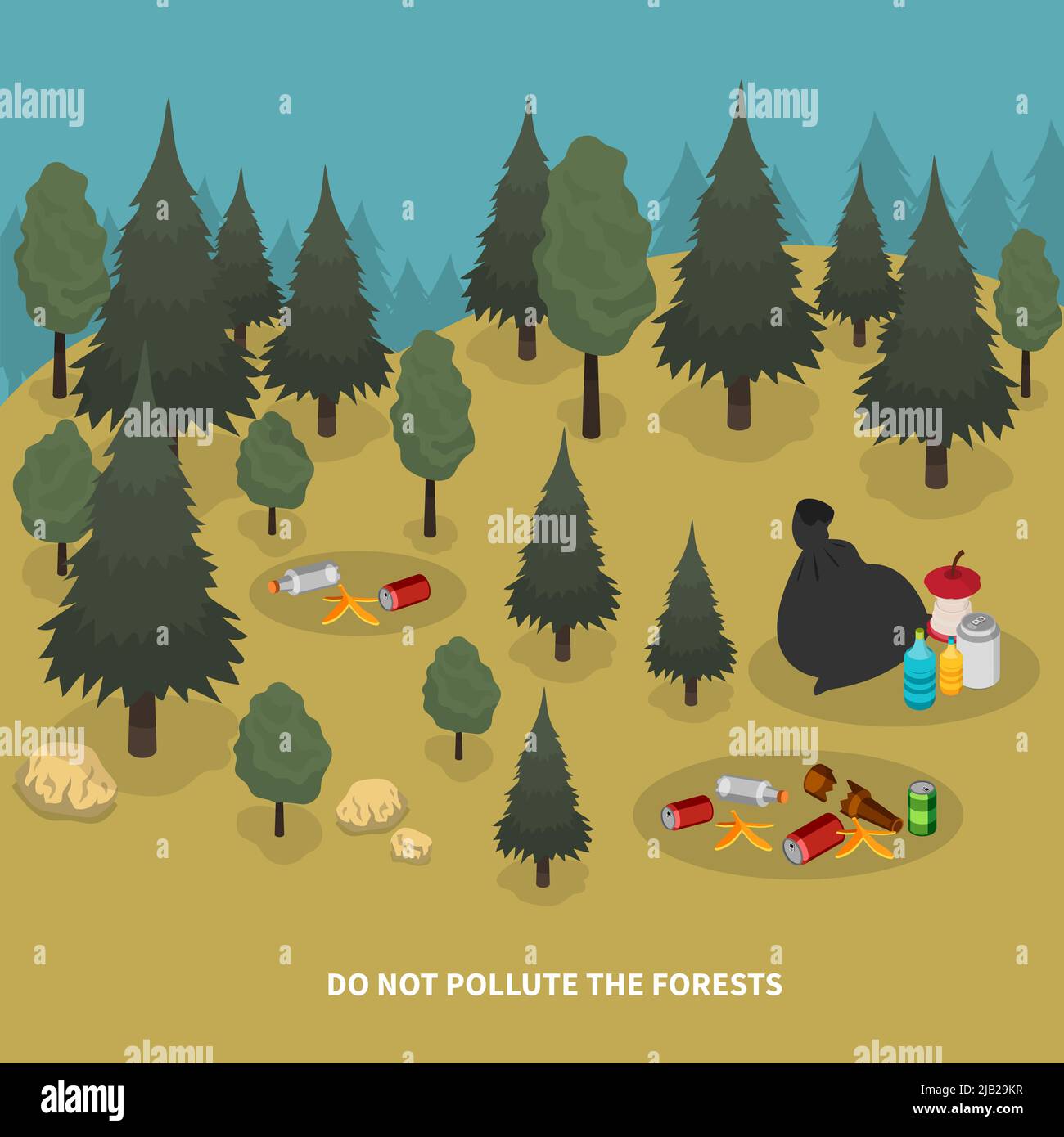 Garbage isometric composition with forest scenery and images of trees ...