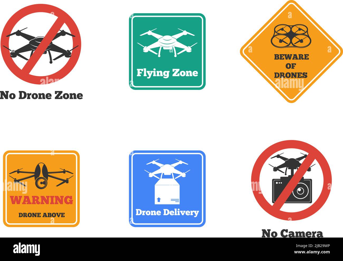 Set of prohibited and warning drone signs of various shape and color ...