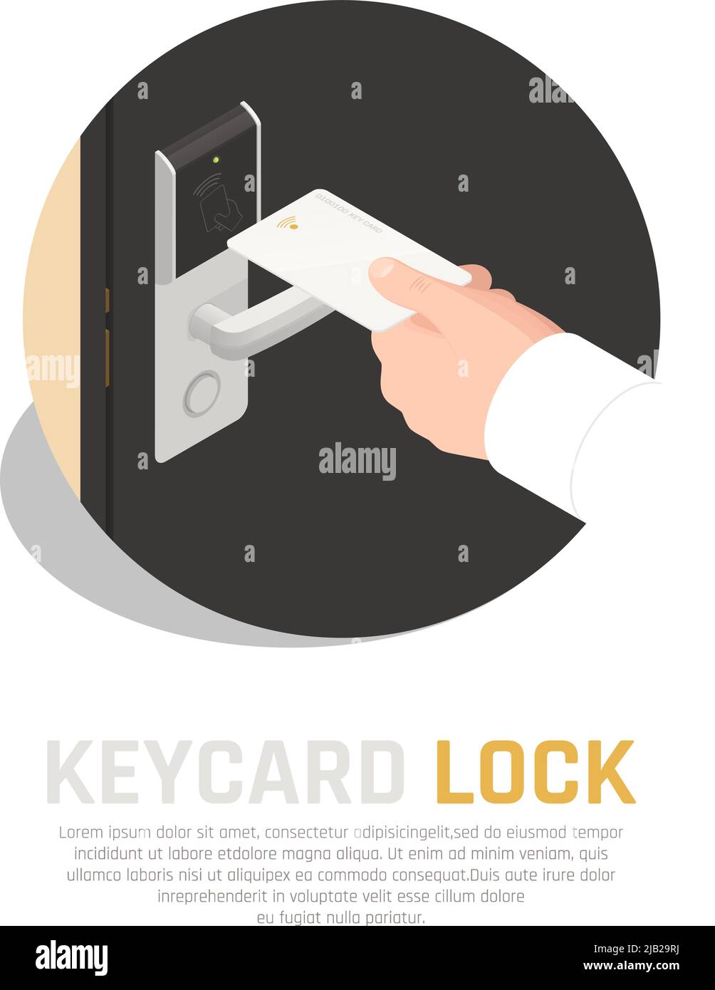 Access identification isometric composition of key card in human hand with guest room door ...