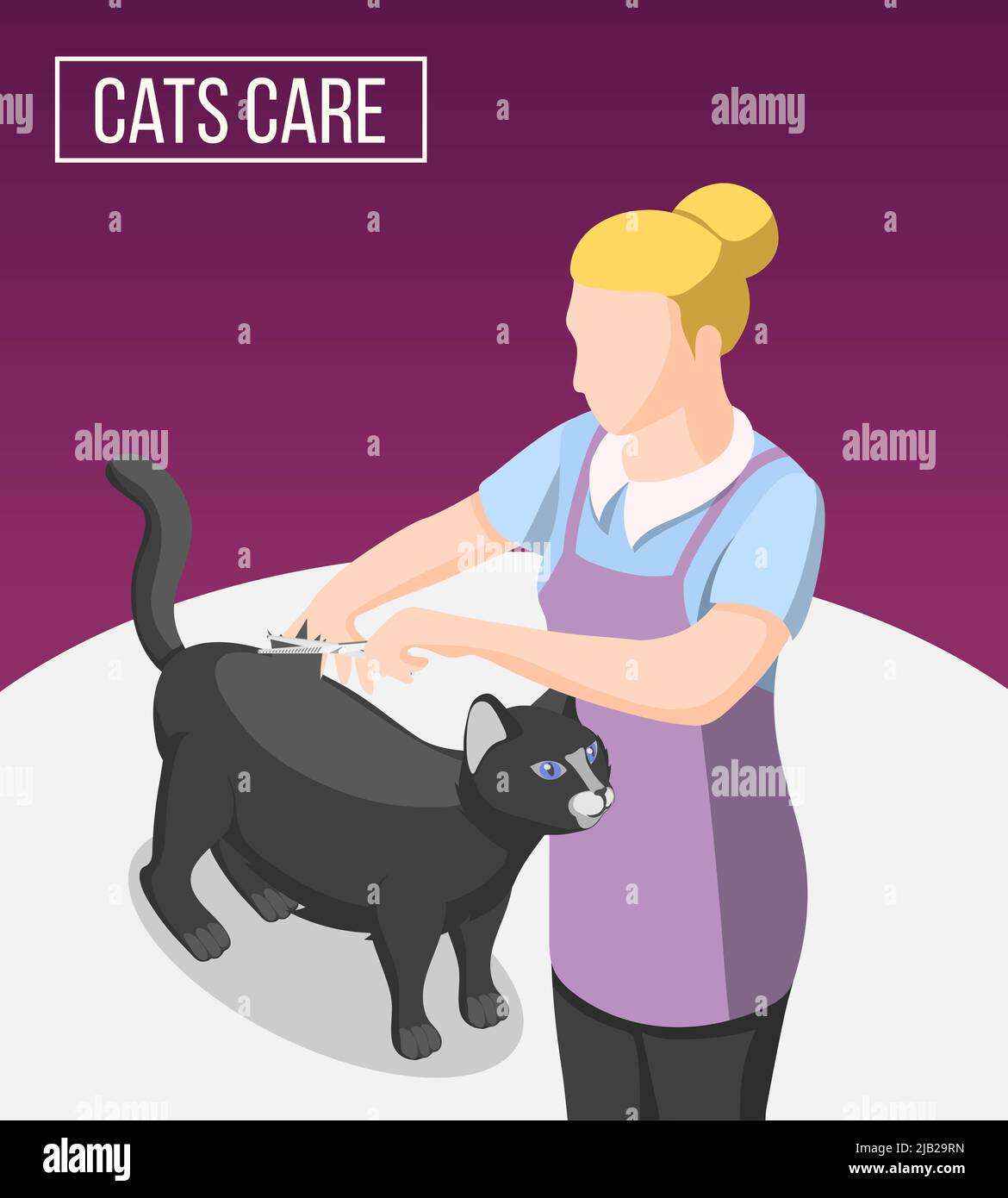 Cats care isometric background with woman in apron during grooming of ...