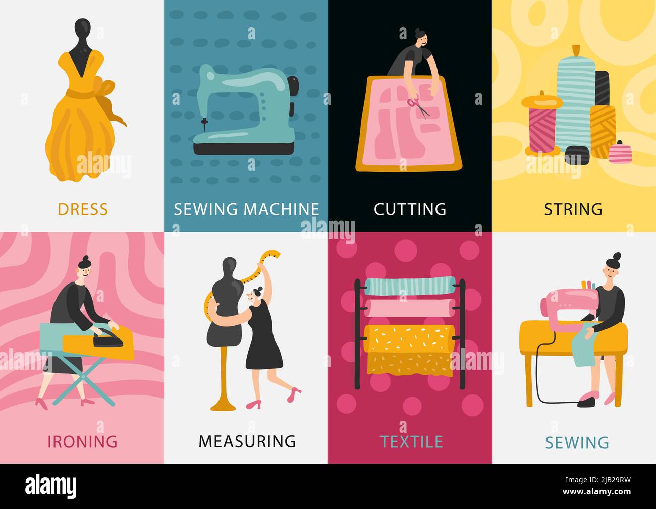 Garment factory cards set of dress making from textile and measuring to ...