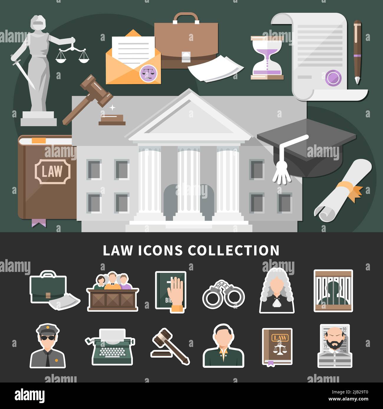 Law icons background with set of isolated emoji style justice icons and ...