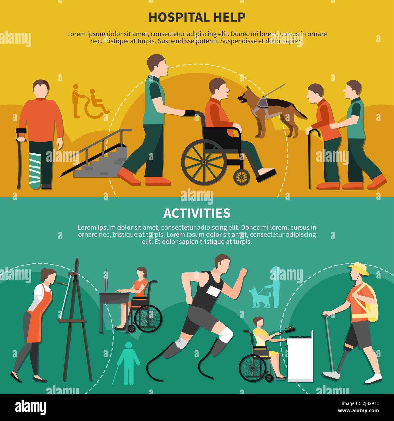 Two horizontal disabled person banner set with hospital help and ...