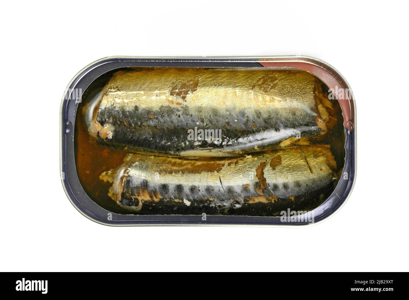 Canned seafood, preserved in oil. Isolated over white background. Open ...