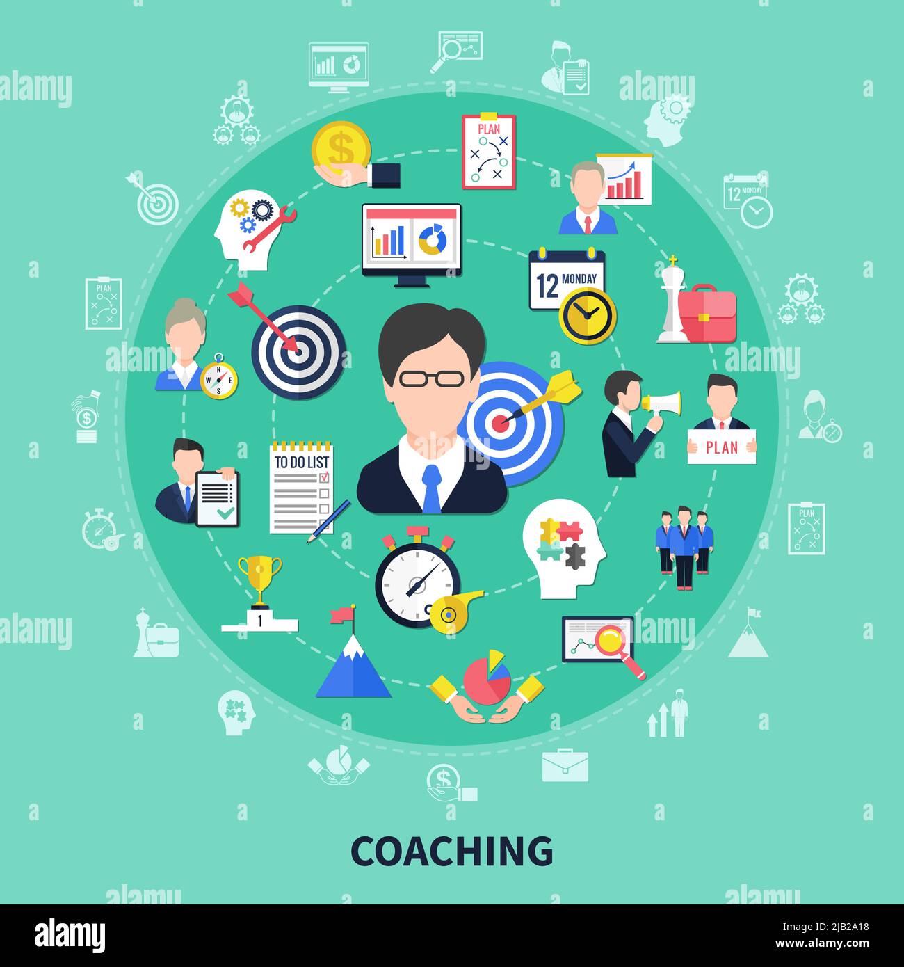 Coaching and training concept with brainstorming and progress symbols ...