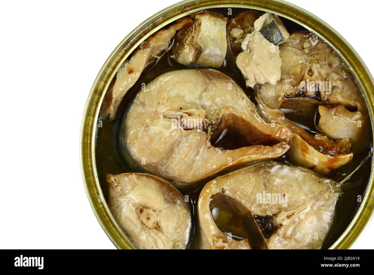 Canned seafood, preserved in oil. Isolated over white background. Open ...