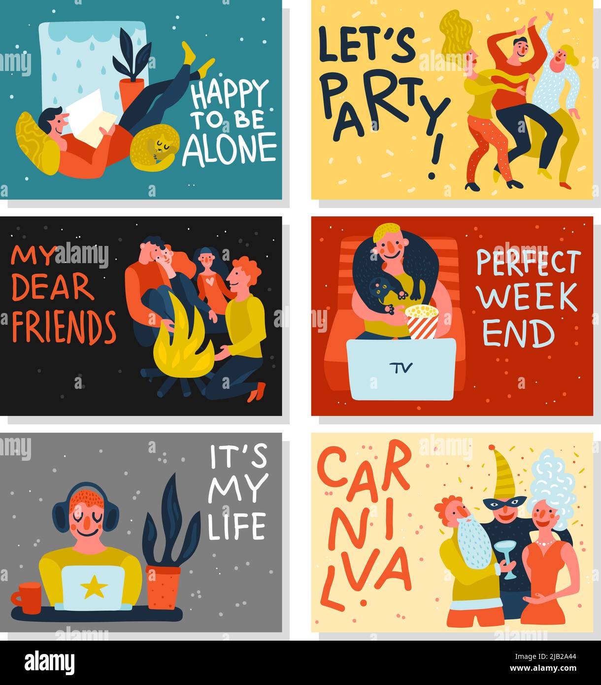 Extraversion introversion horizontal cards on color background with ...