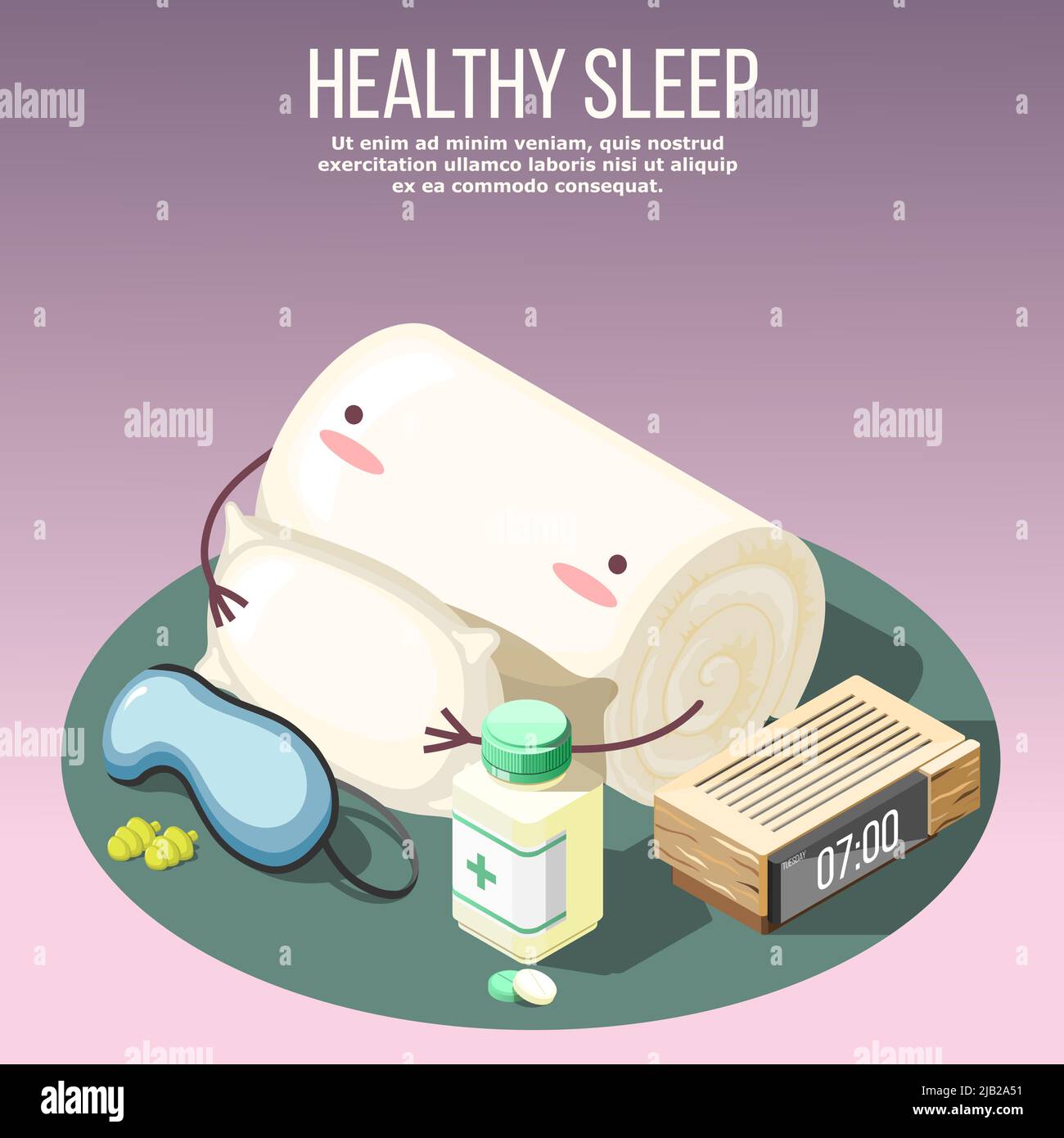 Healthy sleep isometric composition on lilac background with pillow ...