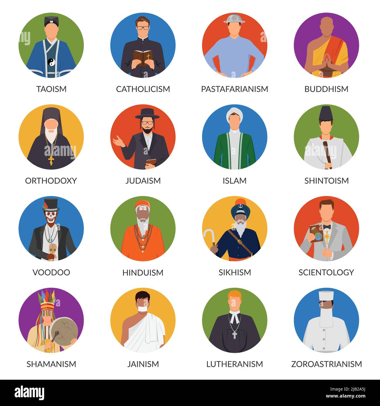 Set of flat avatars of people from world religions including shinto ...