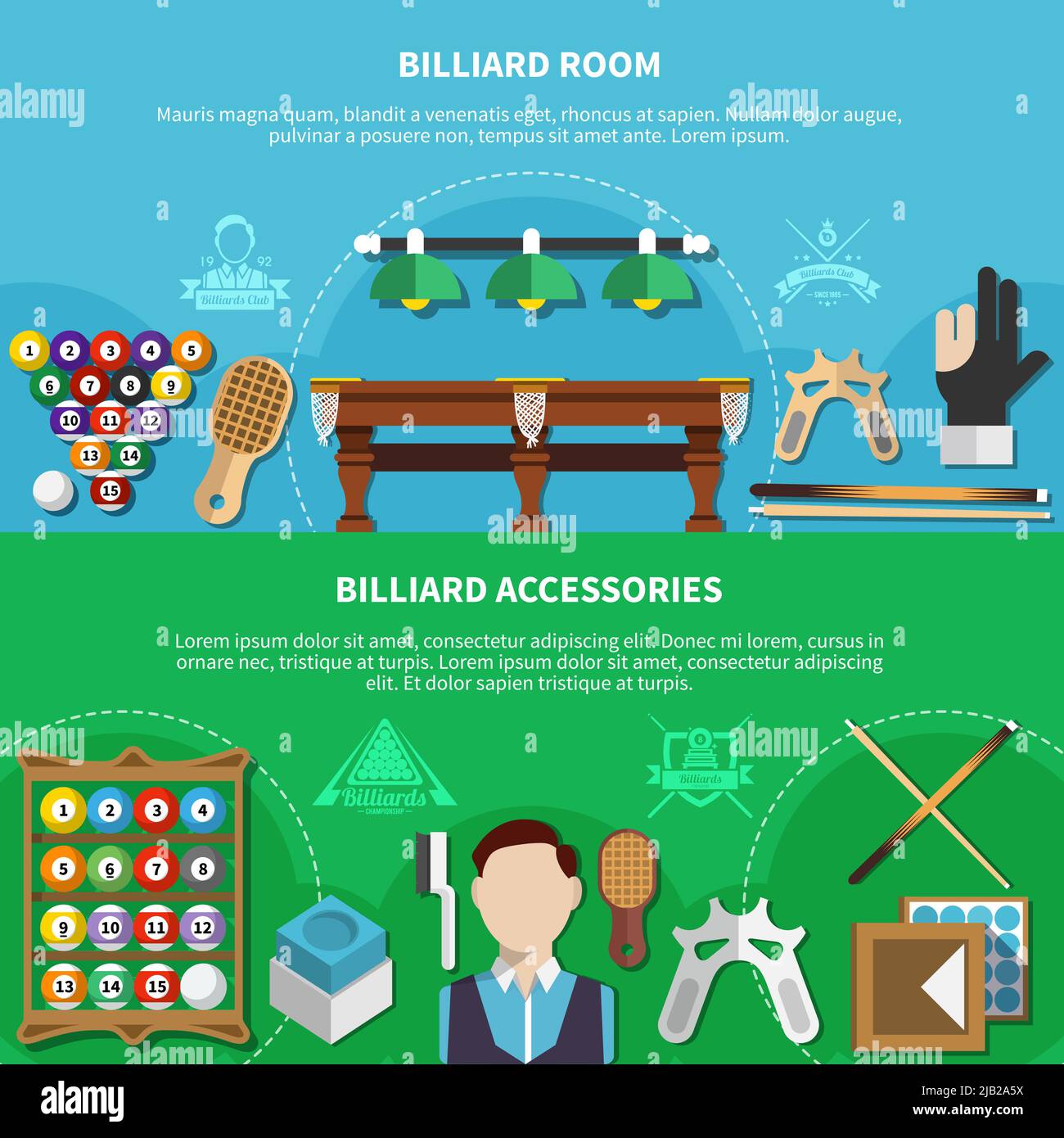 Horizontal banners set with player, billiard room, game accessories ...