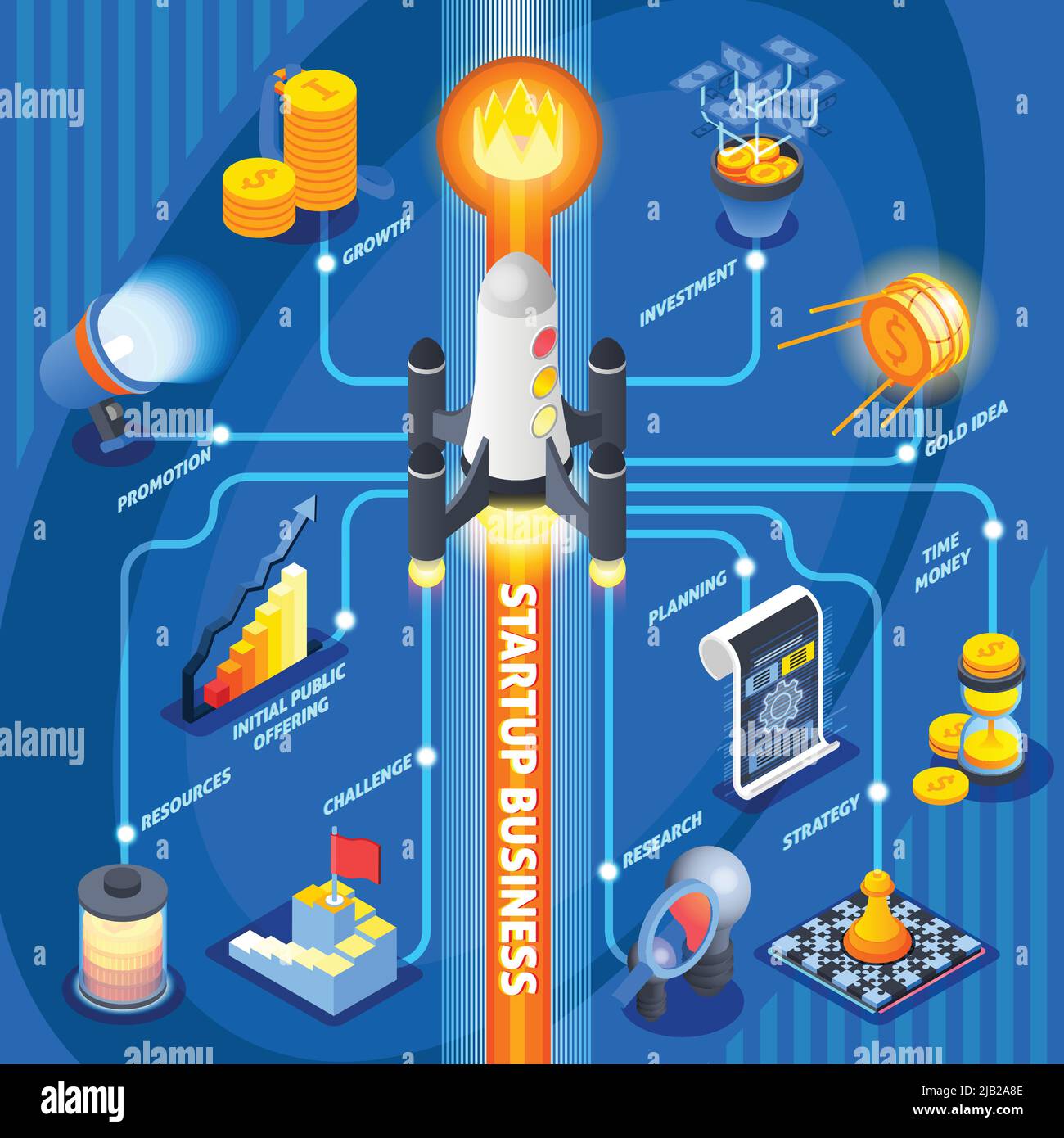 Business startup isometric flowchart on blue background with spaceship ...