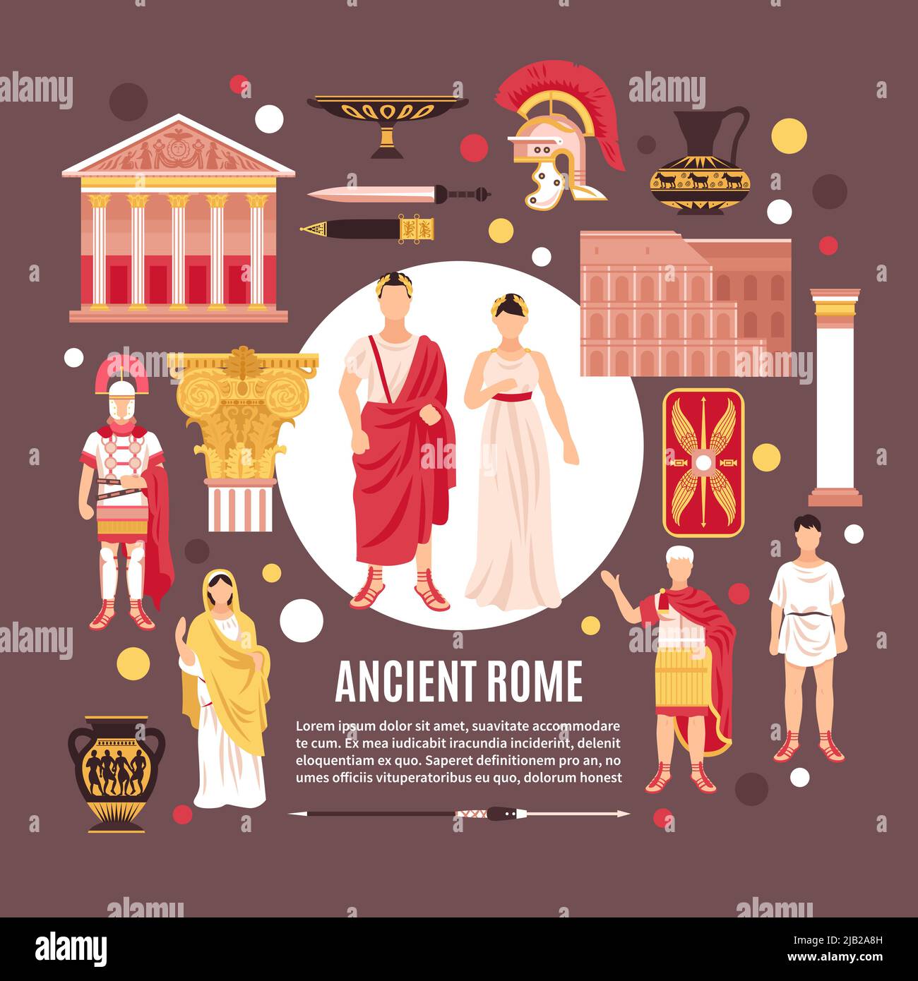 Ancient rome citizens culture architecture historic monuments flat ...