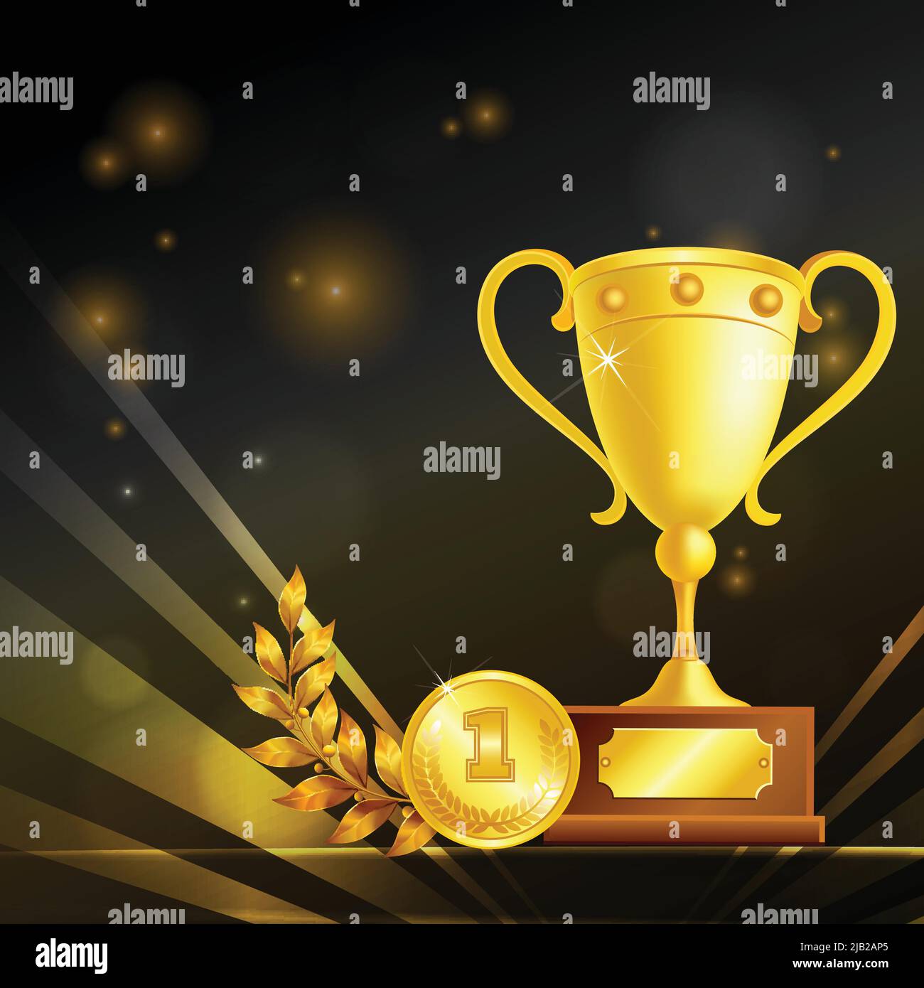 Realistic trophies of winner, golden goblet, medal and laurel branch ...