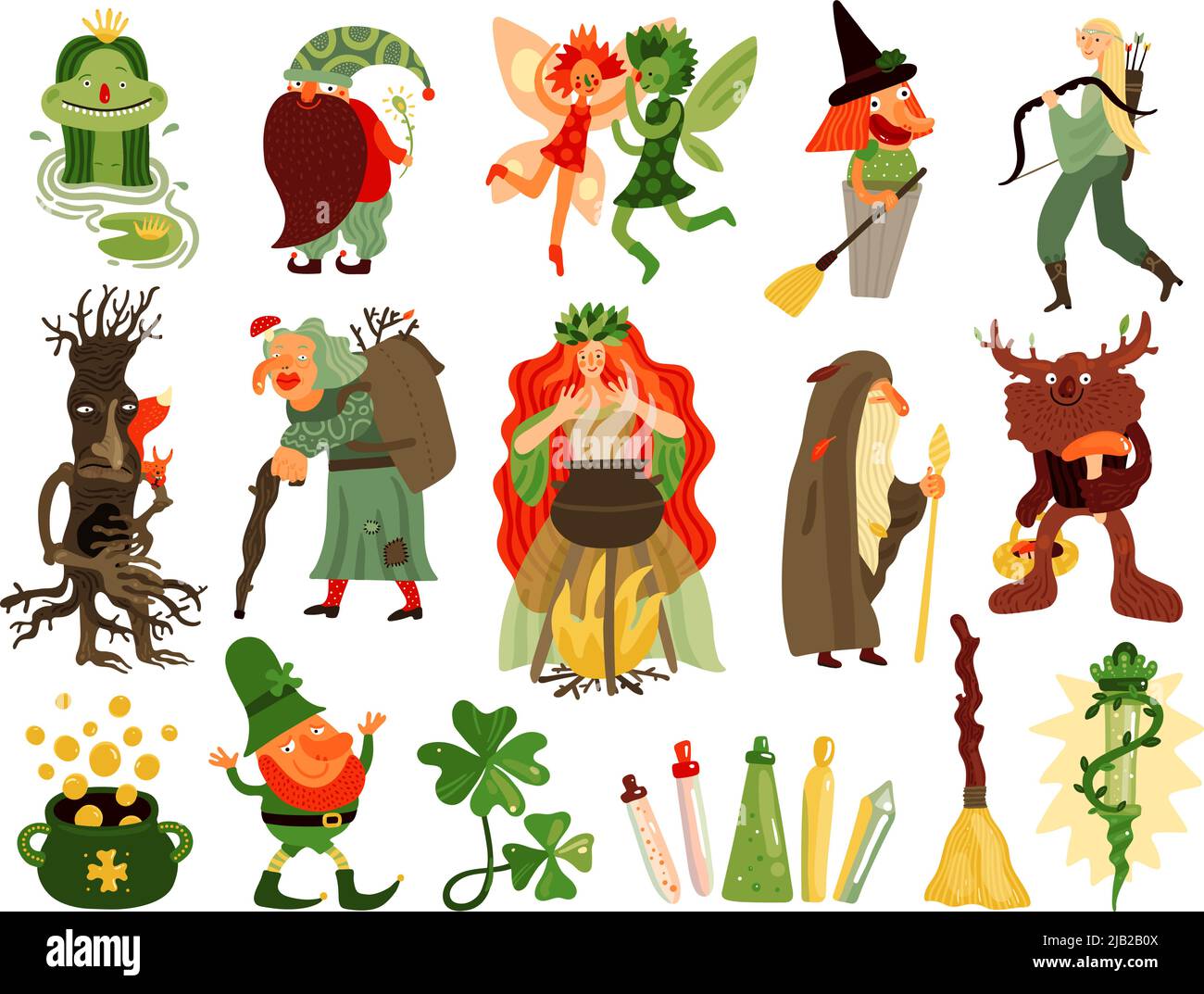 Fairy tale set of mythology and folklore cartoon characters living in forest isolated vector ...