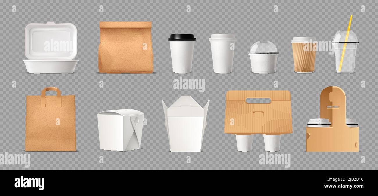Fast food package transparent set with paper bags and boxes and plastic ...
