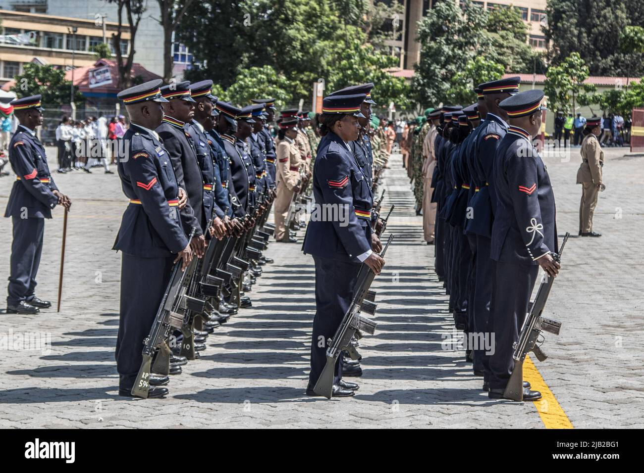 Kenyan police officers are seen in their ceremonial uniforms at a ...
