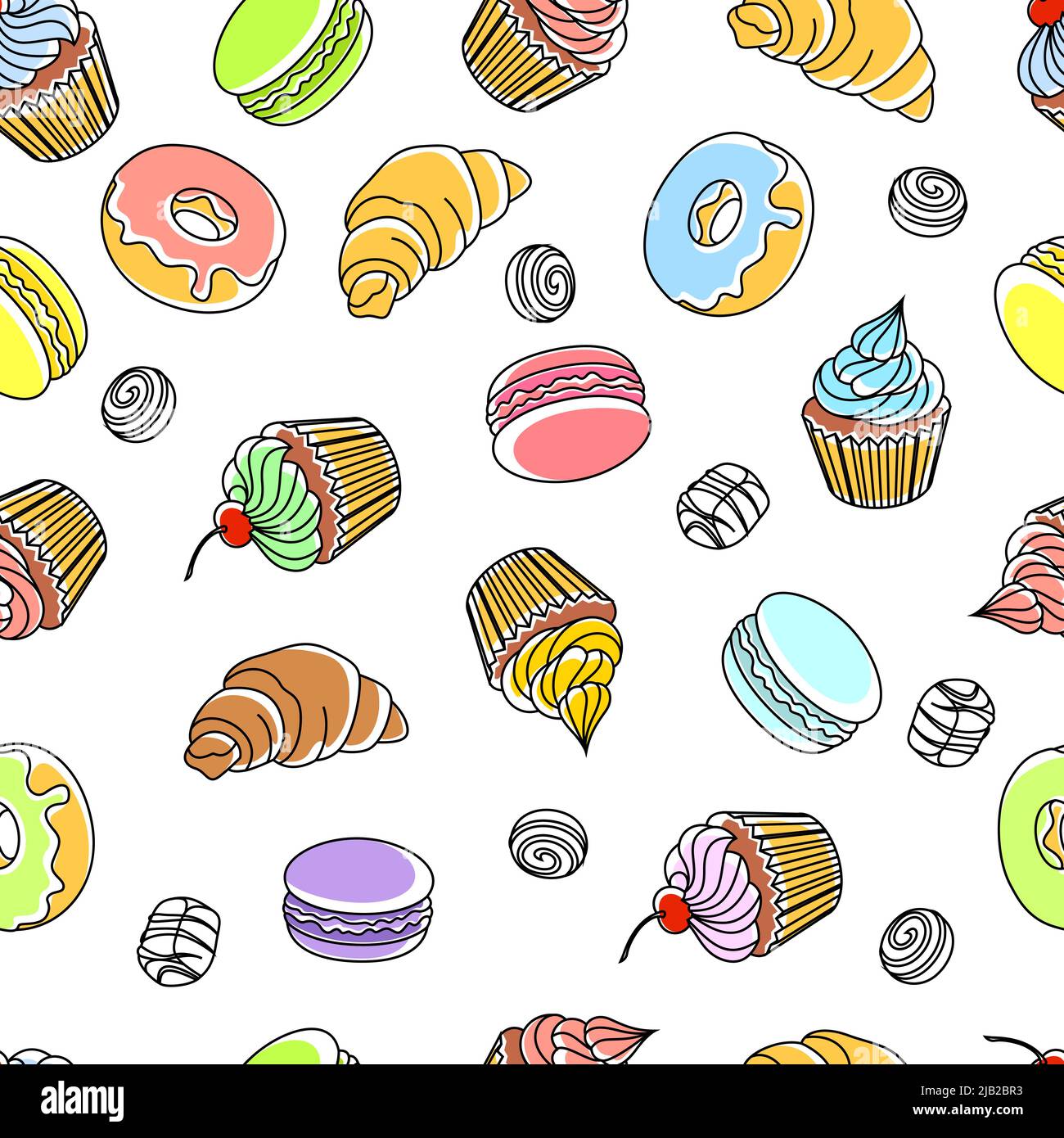 Cakes seamless pattern with donuts cupcakes and croissants vector ...