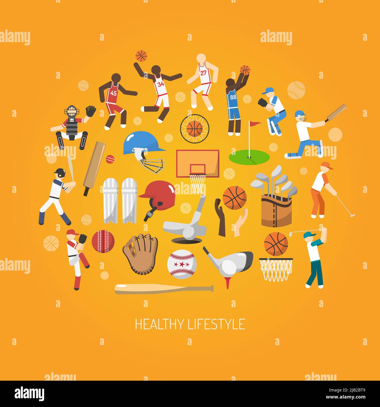 Sport and healthy lifestyle concept with flat players and accessories ...