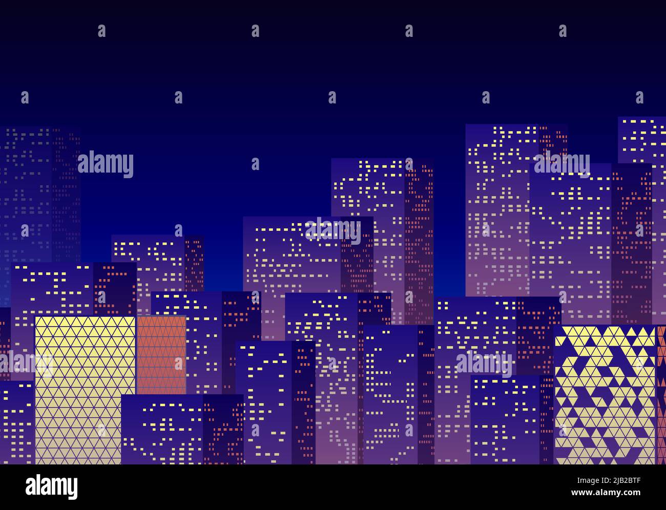 Neon night in the business city with skyscrapers. Purple highrise ...