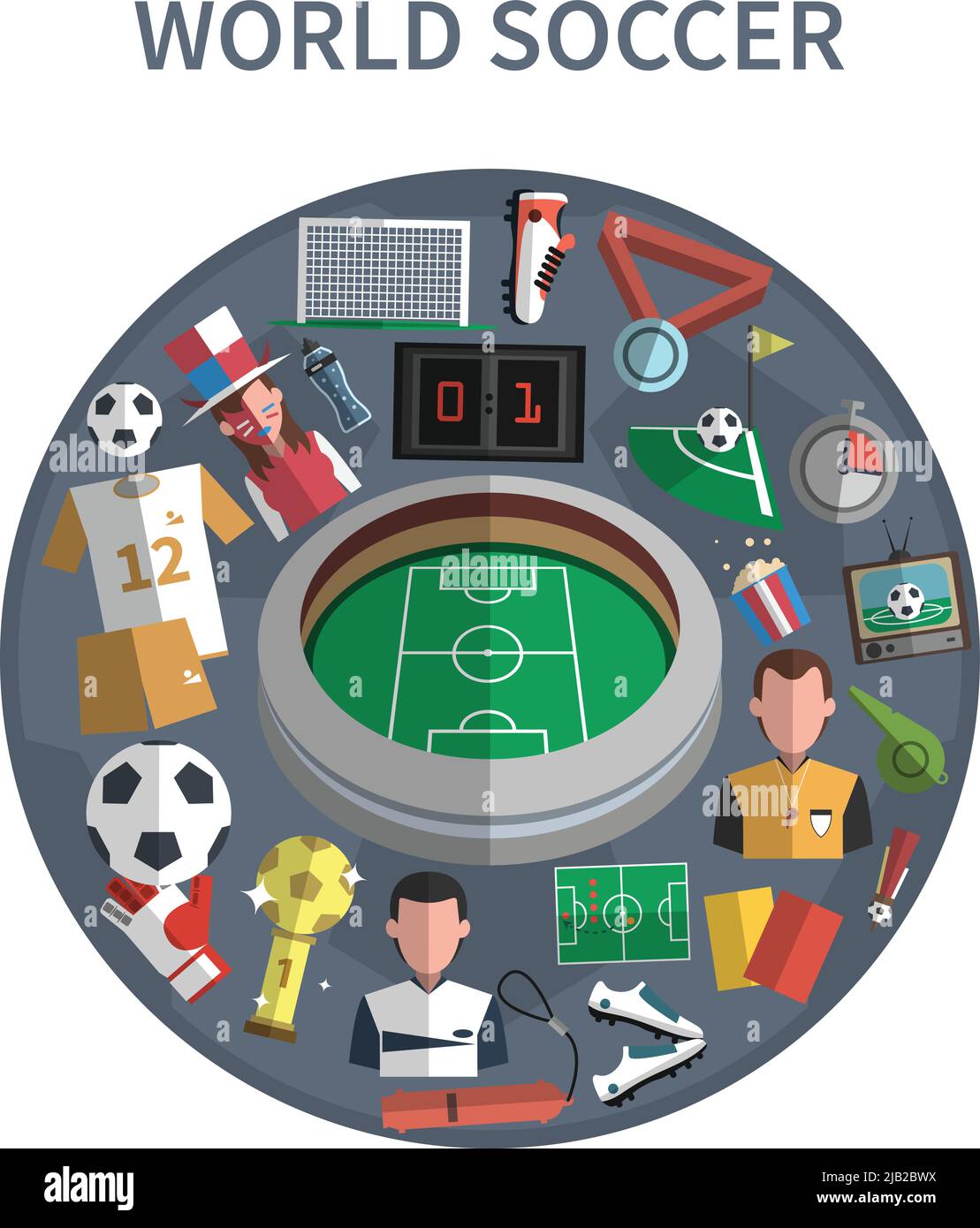 Soccer game concept with sport symbols on circle stadium flat vector ...