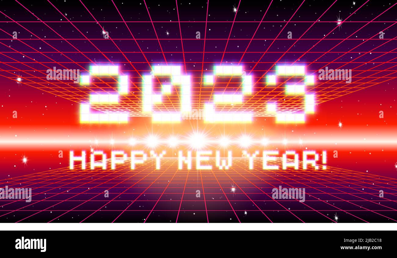 2023 New Year sign with glitched glowing pixels and red retro grid ...