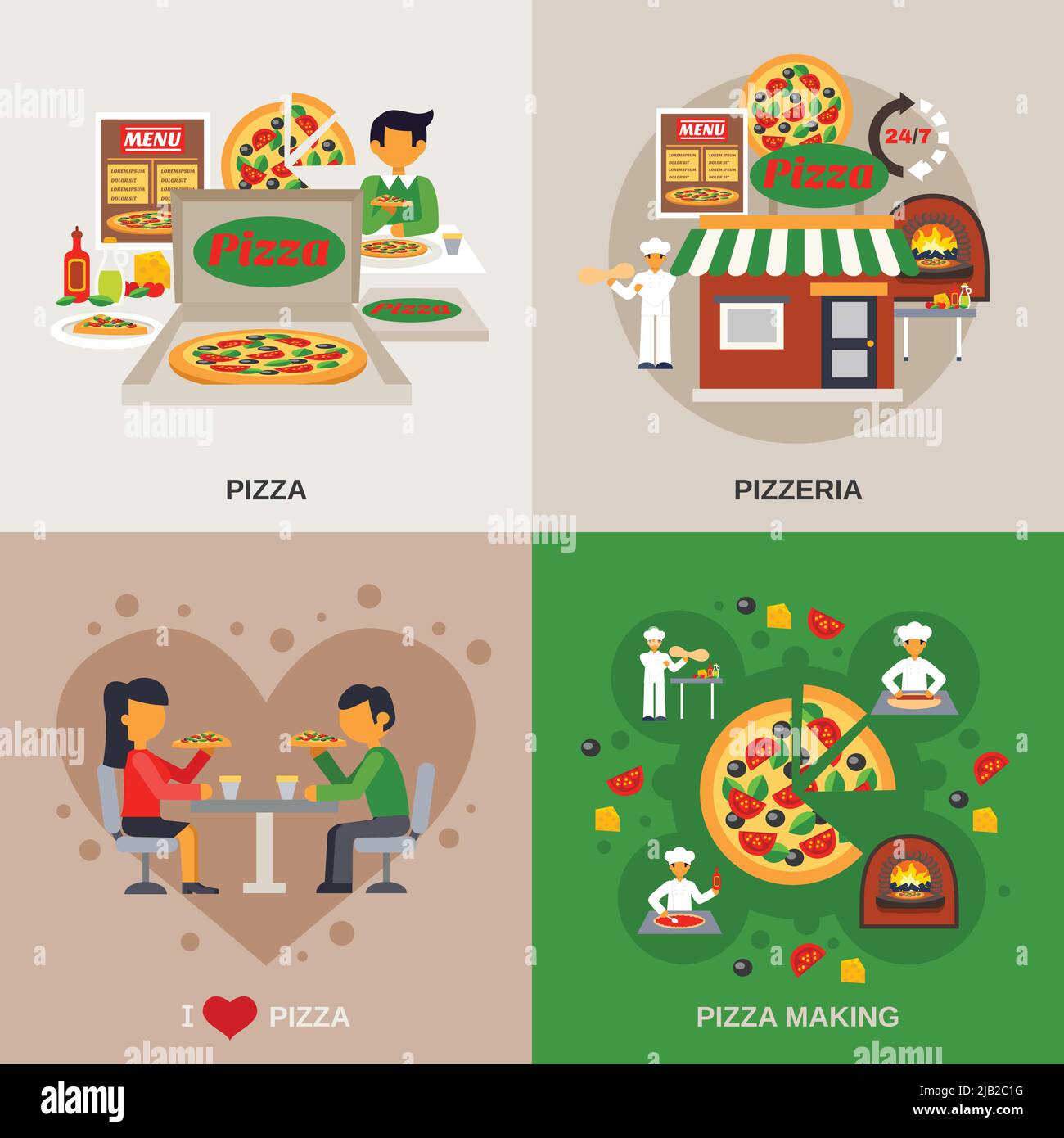 Pizzeria concept icons set with cooking date in a cafe and packaging ...