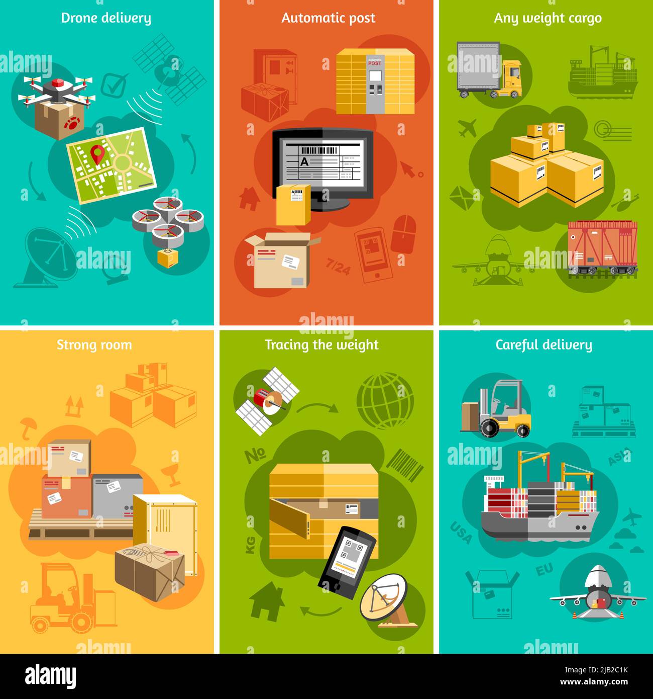 New logistics drone safe delivery and tracing cargo 6 flat icons ...