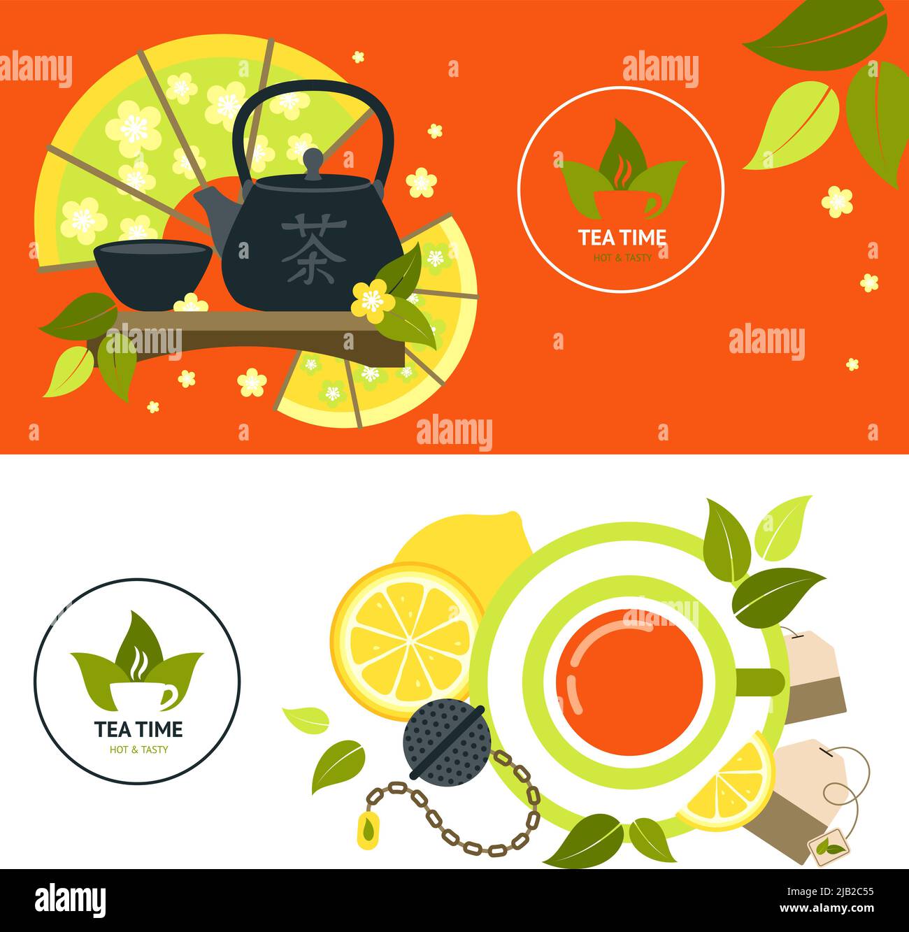 Tea horizontal banner set with flat drink elements isolated vector ...