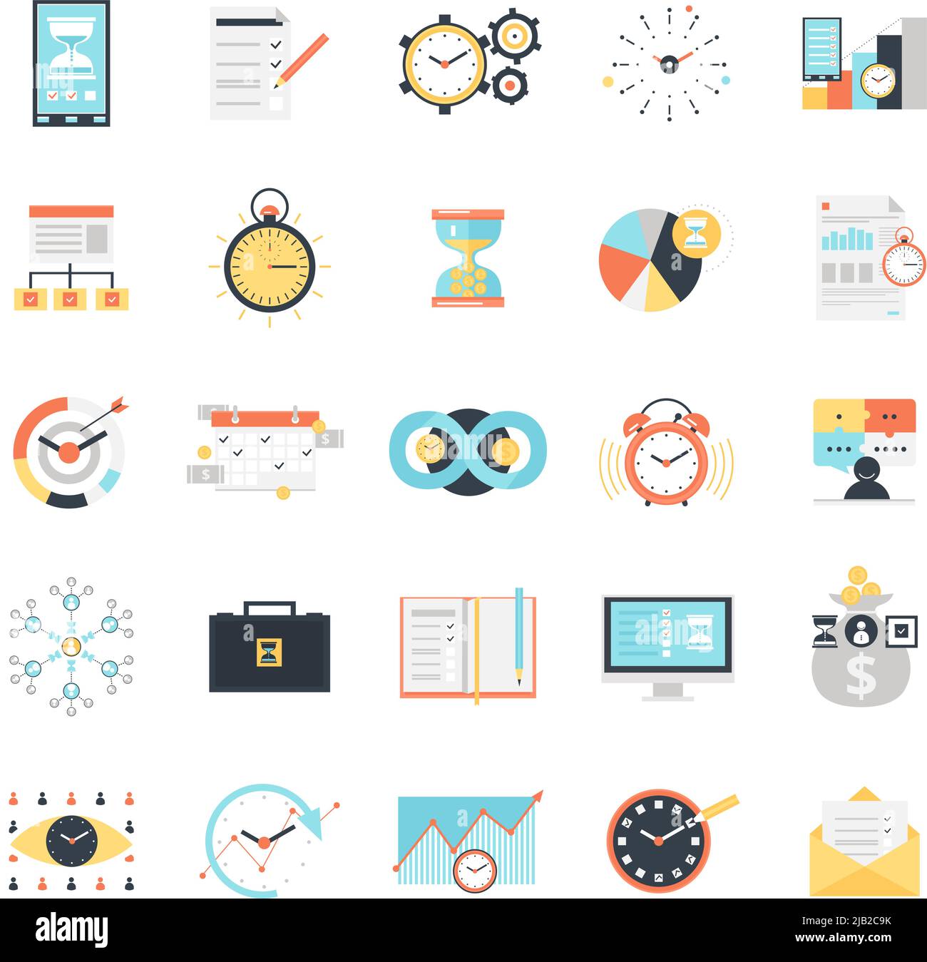 Time management icons set with charts analysis and optimization goals ...