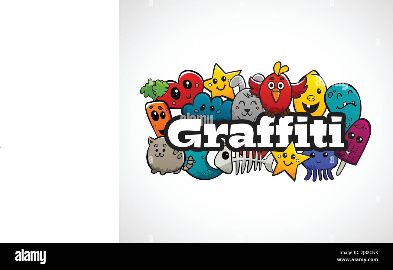 Graffiti text and cartoon abstract characters composition animals and ...