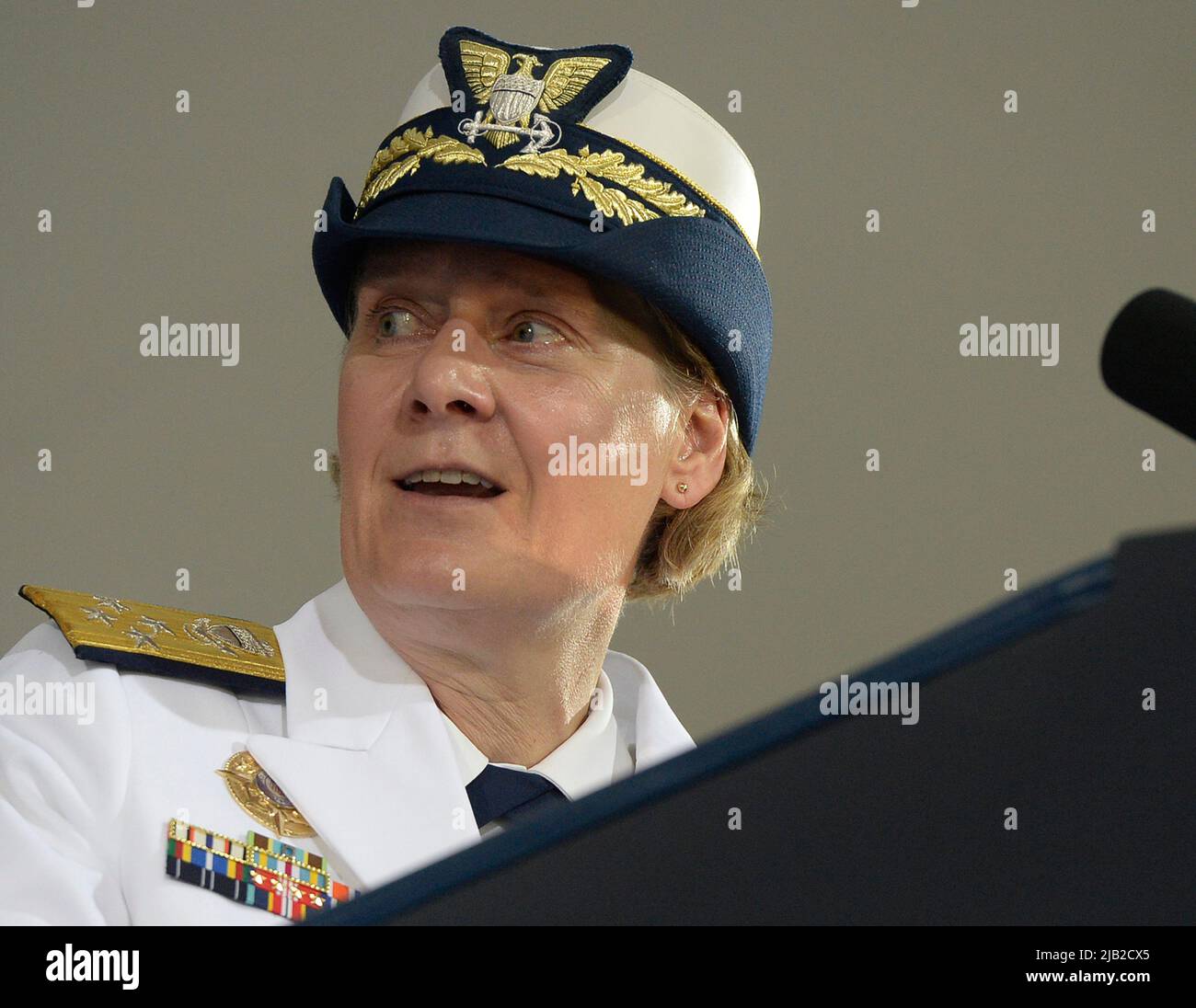 United States Coast Guard Admiral Linda Fagan speaks after taking ...