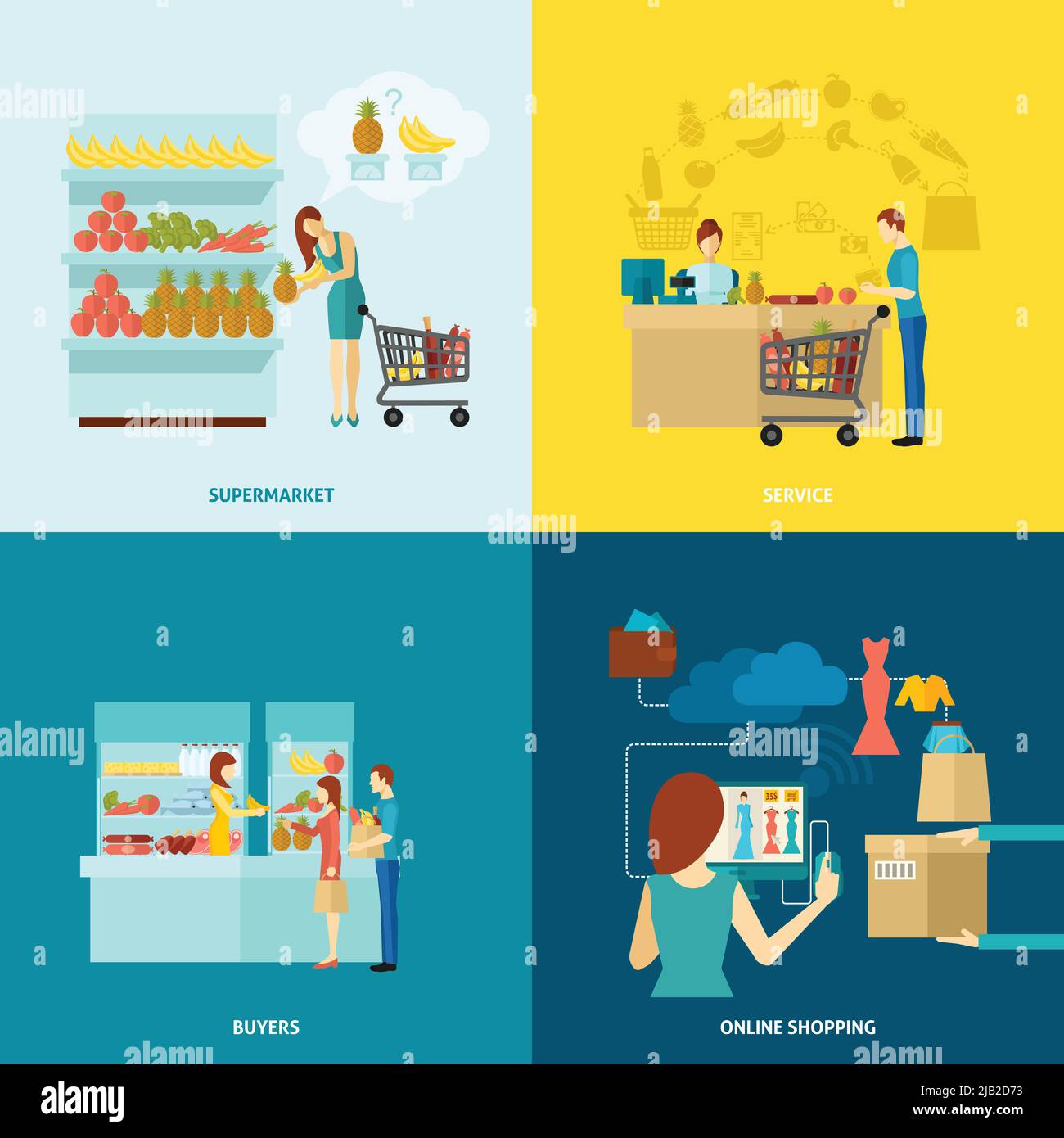 Buyer design concept set with supermarket and online shopping service ...
