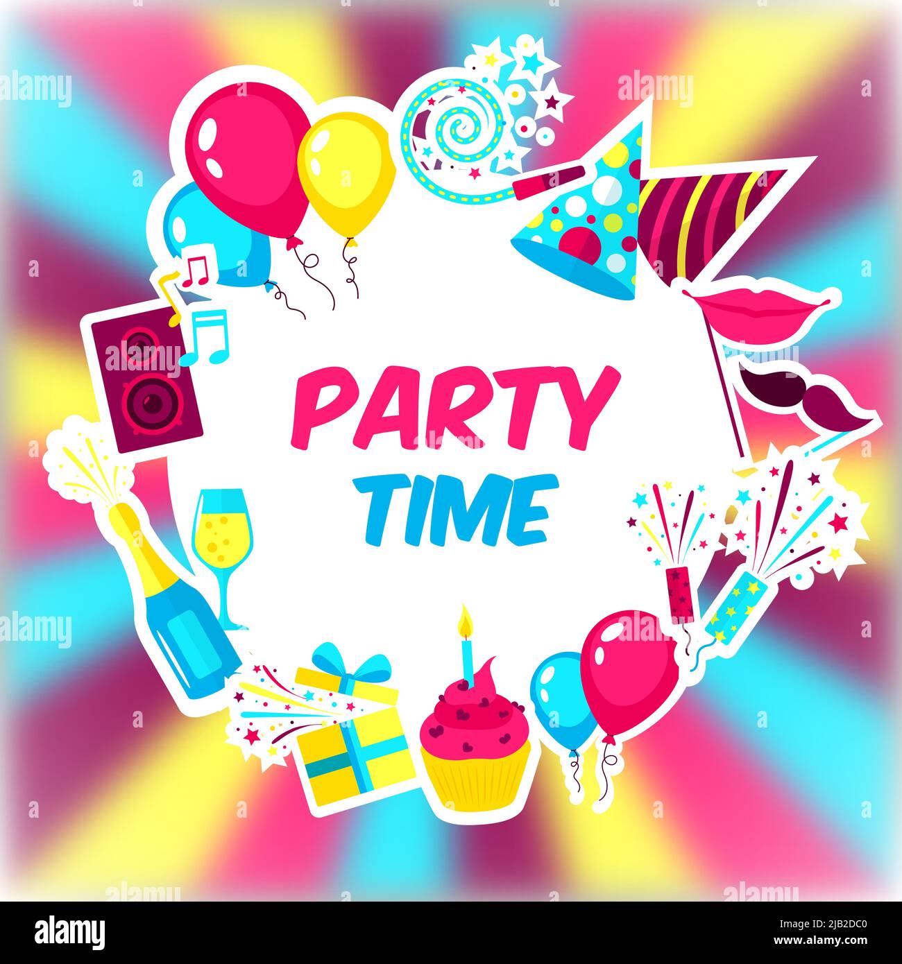 Celebration background with holiday symbols and party time text vector ...