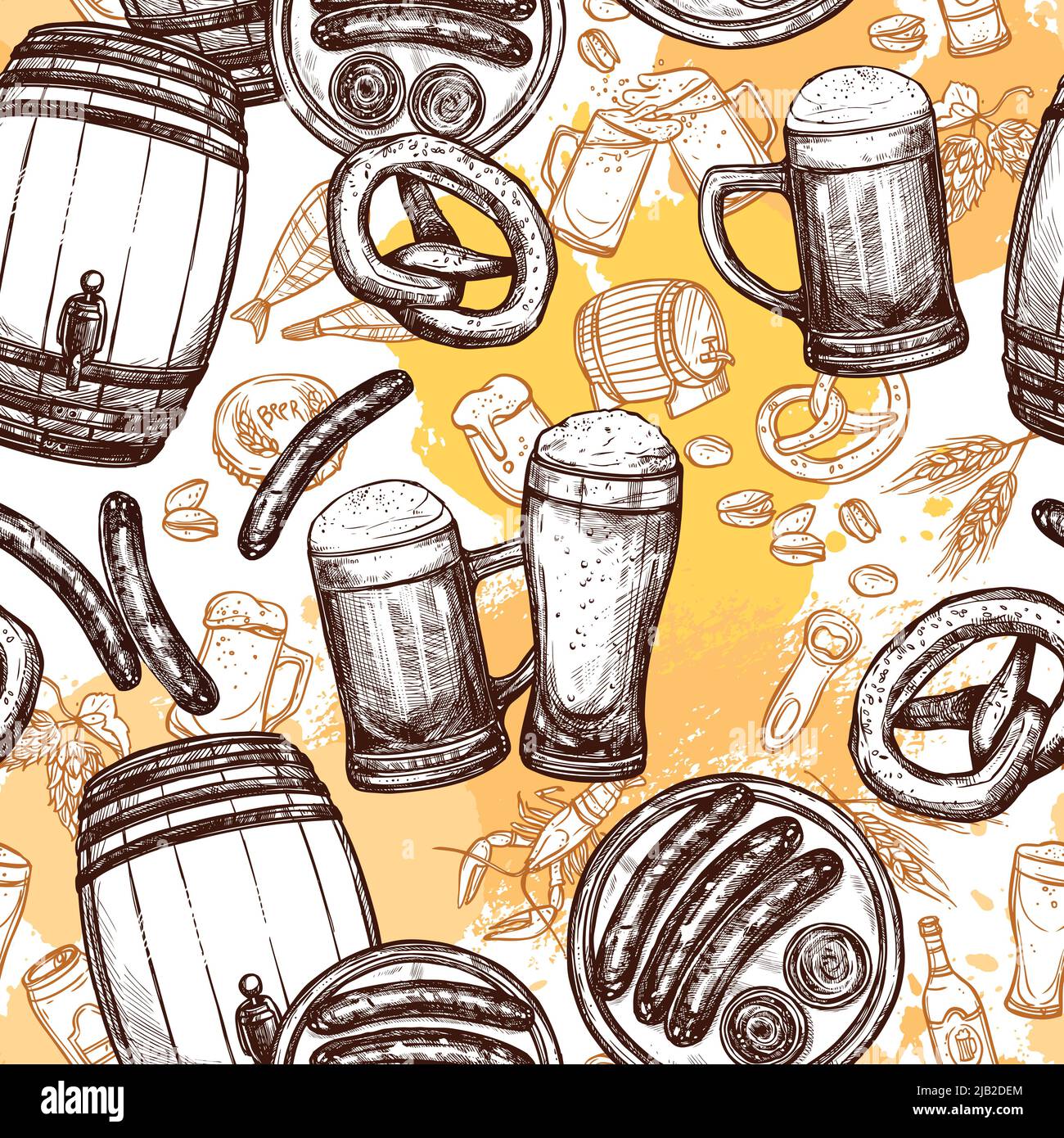 Beer seamless pattern with sketch barrel drink glasses and sausages ...
