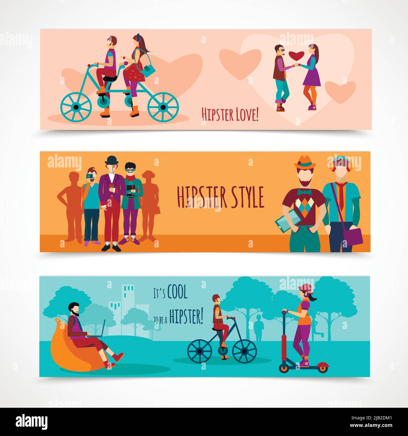 Hipster people horizontal banner set with flat love and leisure ...