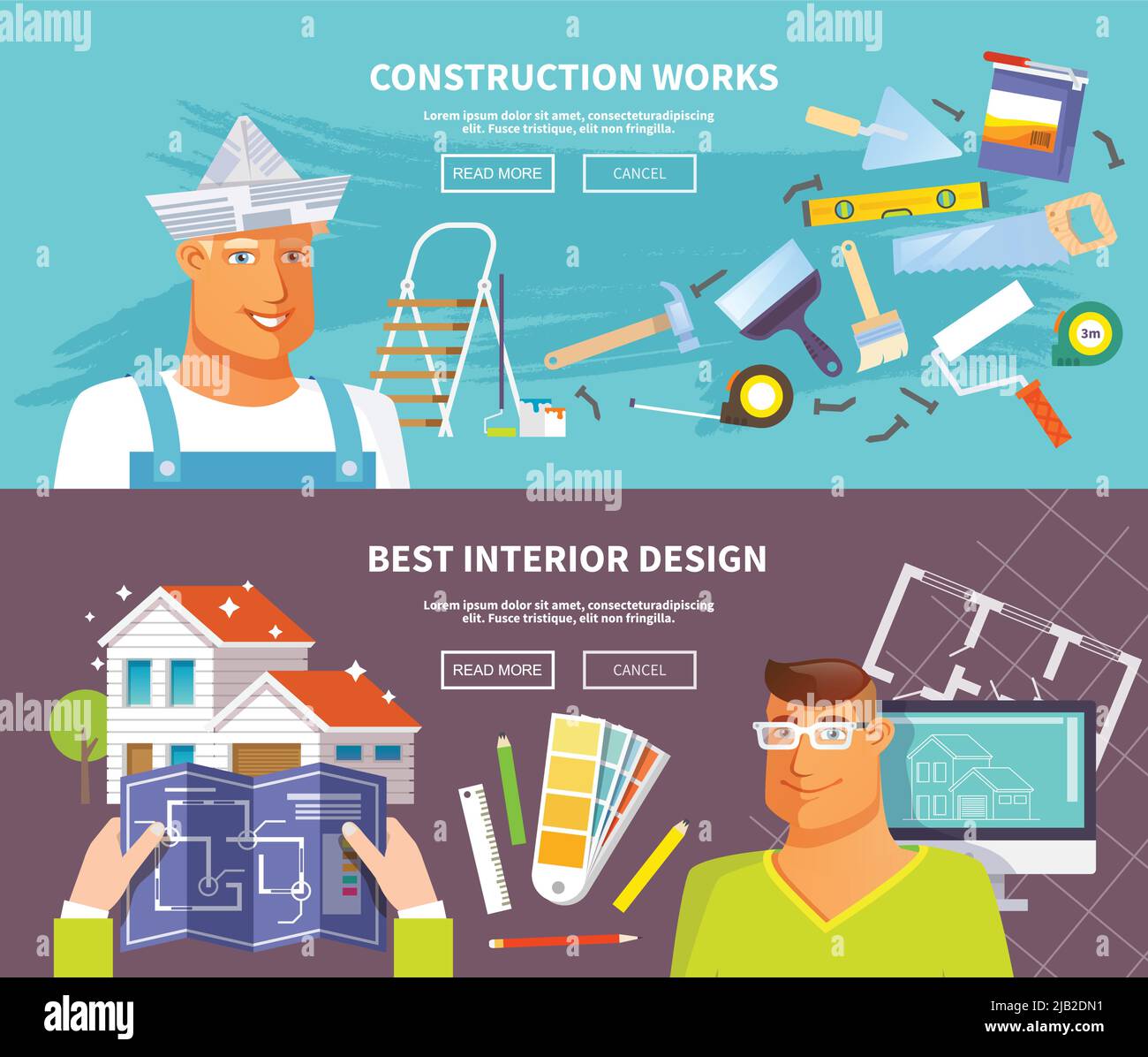 Renovation horizontal banner set with interior design and construction ...