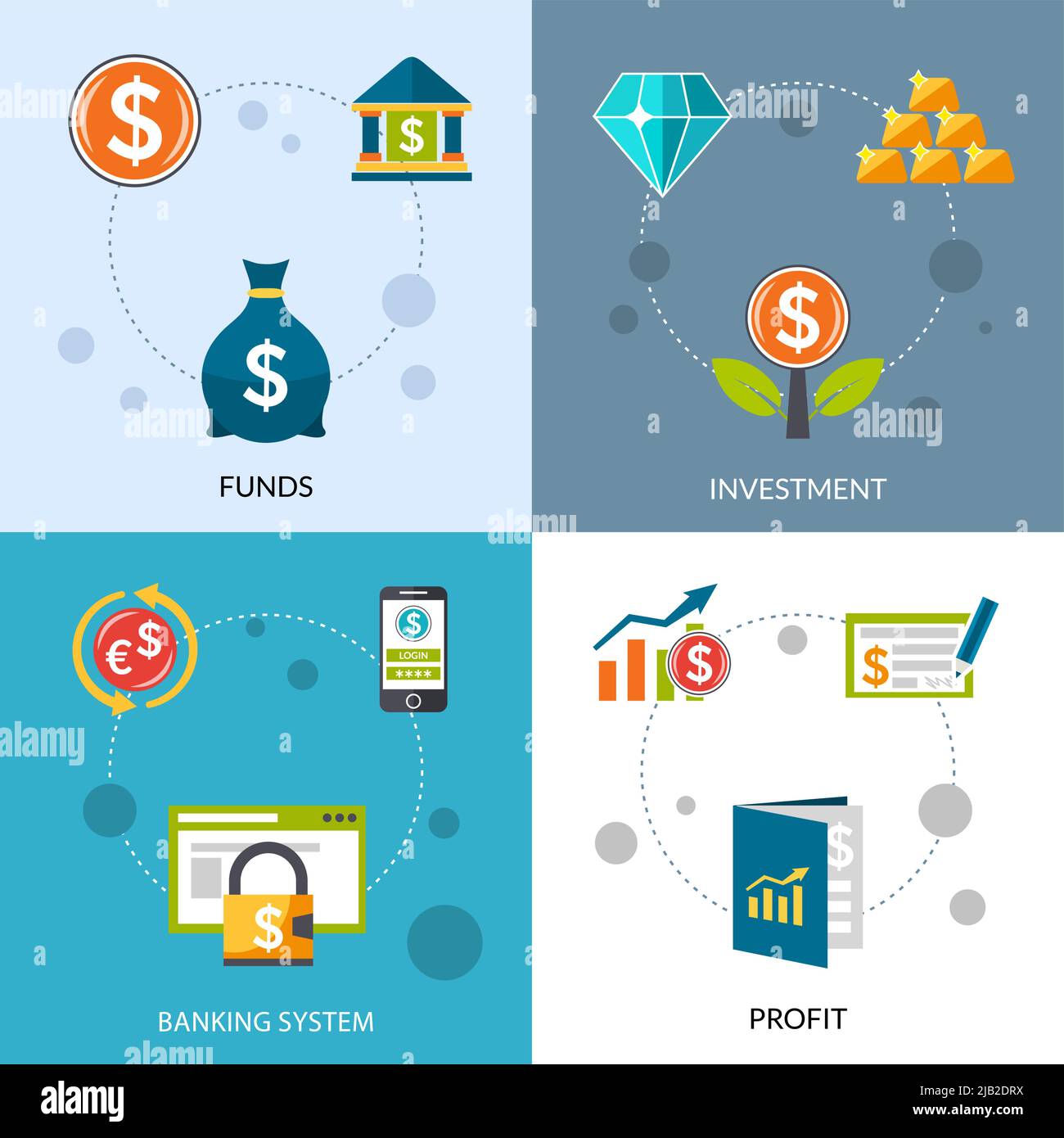 Investment funds profit and banking system flat design icons set ...
