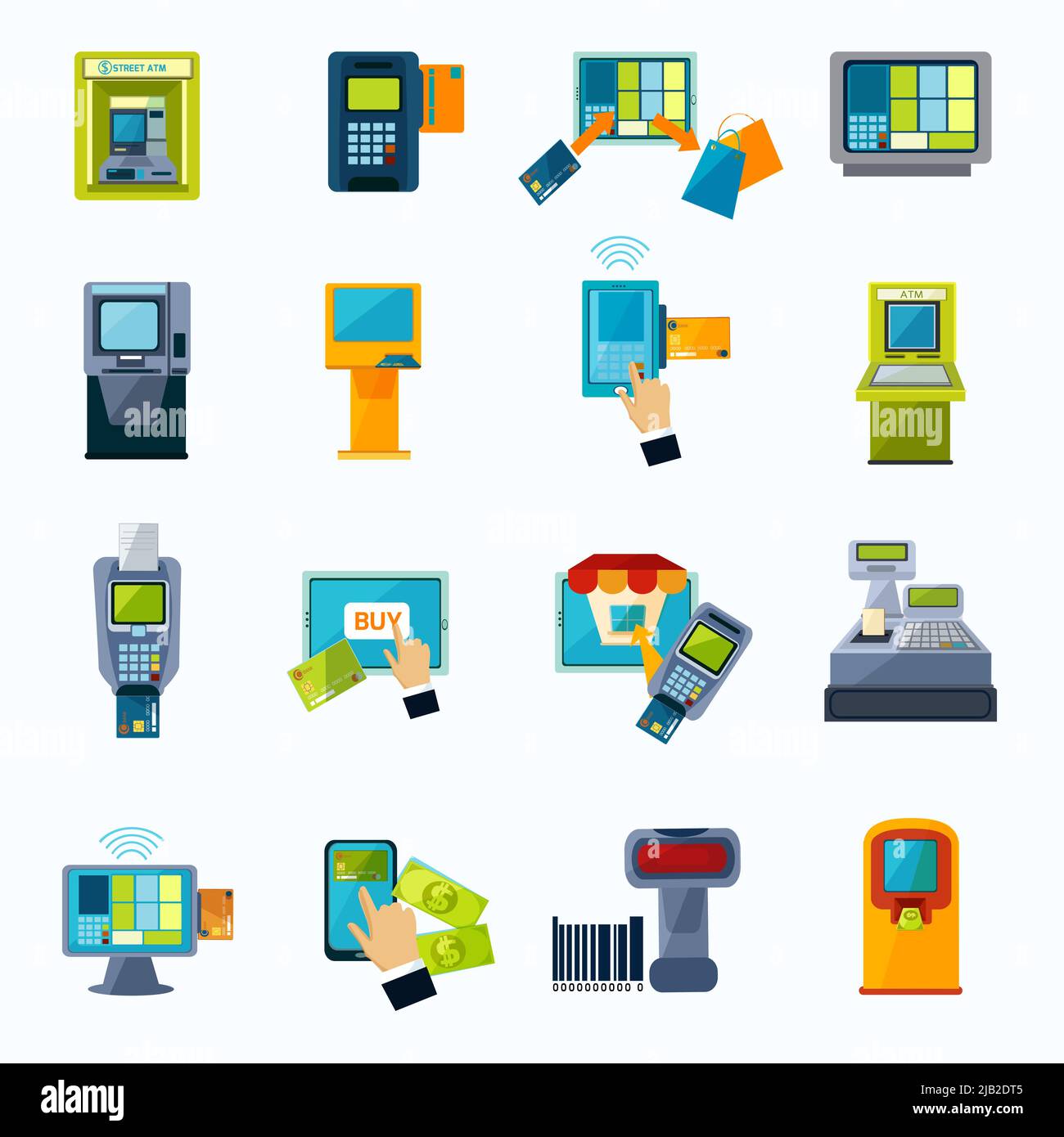 Automated payment machine flat icons set with bank credit card money ...
