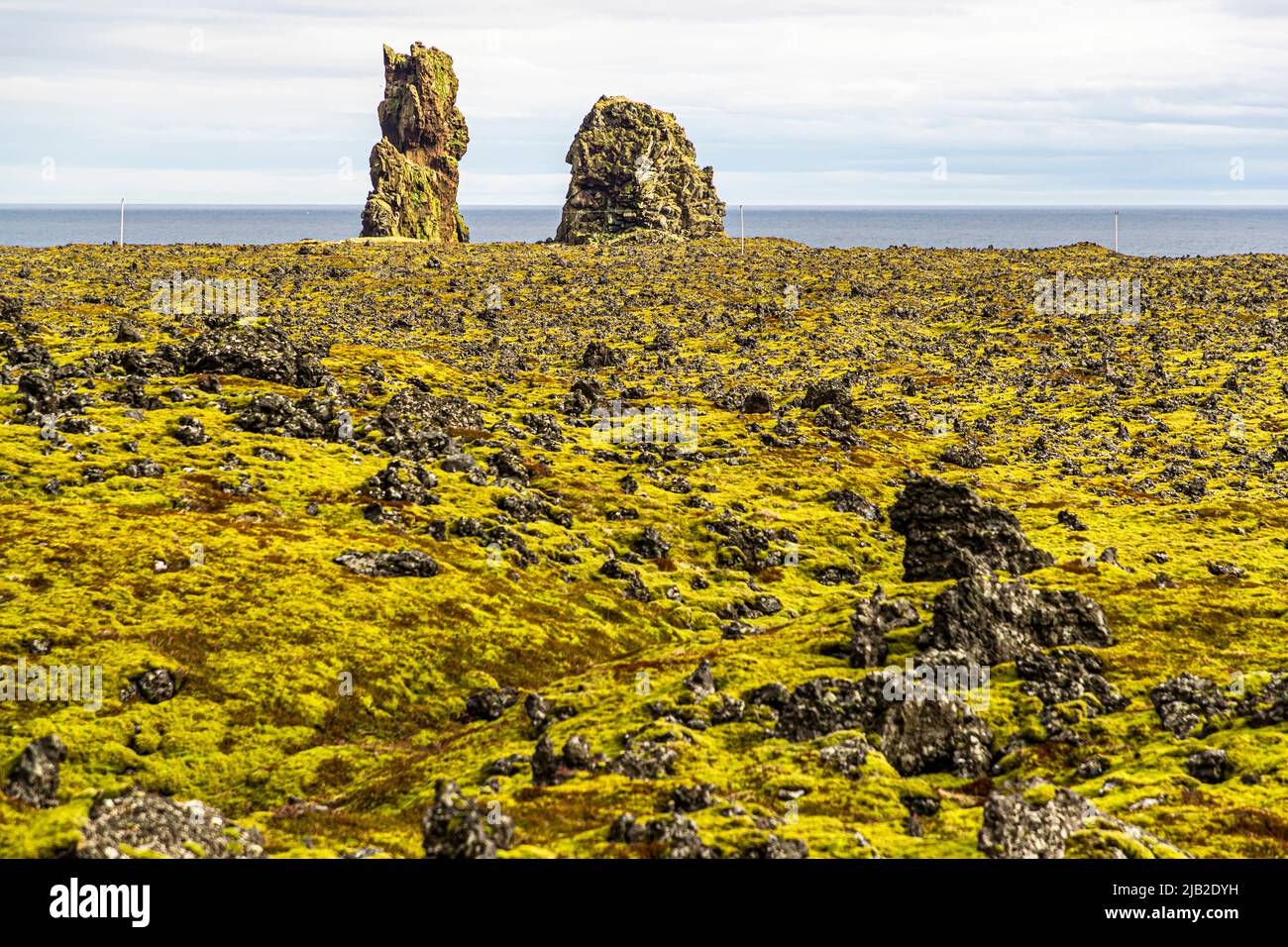 Lóndrangar, a pair of natural towers overlooking the ocean, comprised ...