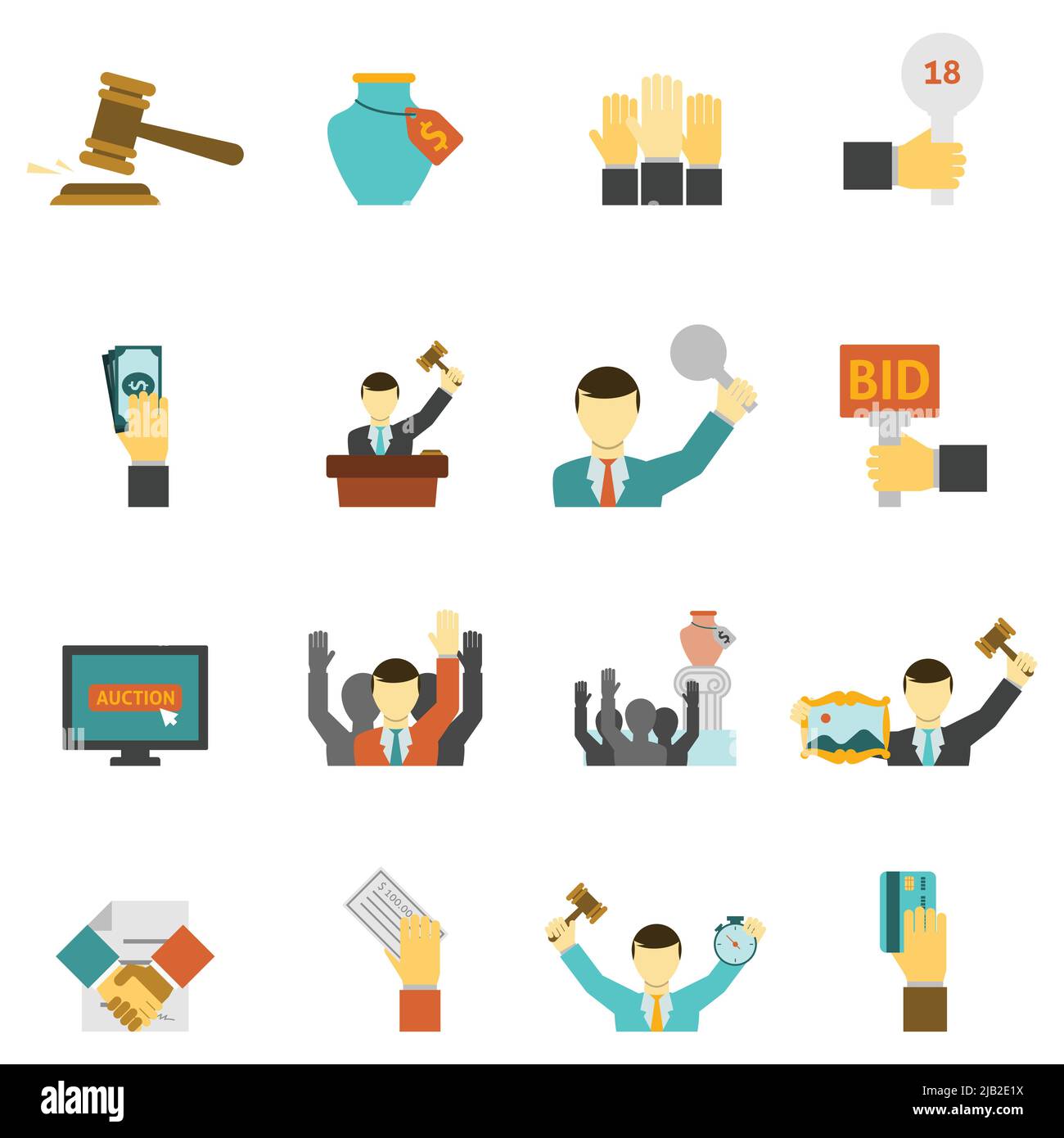 Auction icons set with hammer hands and money flat isolated vector ...