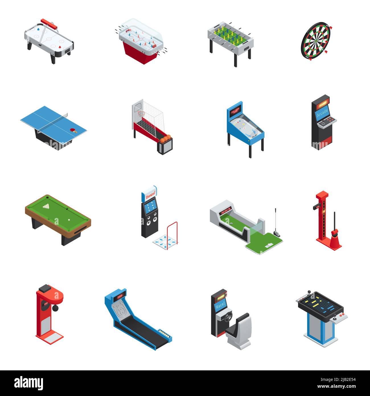 Colored and isolated isometric table games game machine icon set for casino and amusement park ...