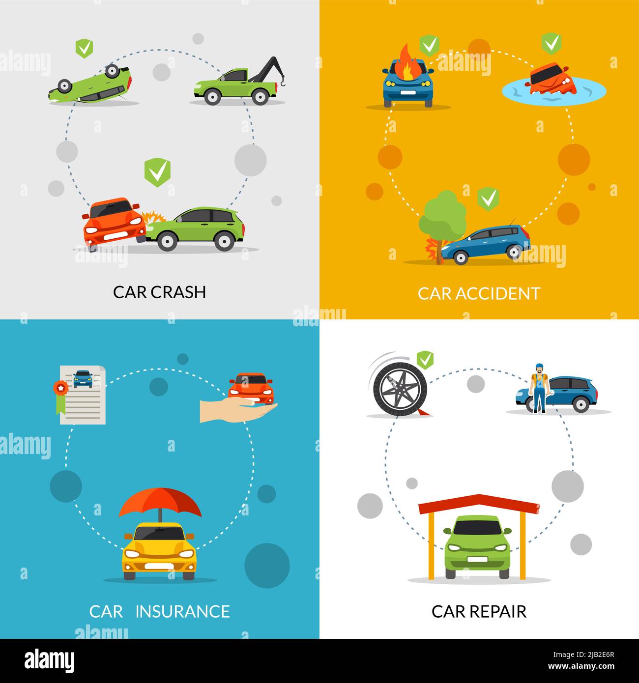 Car insurance design concept set with crash and repair flat icons ...